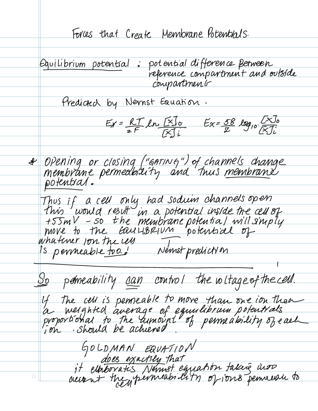 Forces That Create Membrane Potentials Handwritten Notes Bio 535