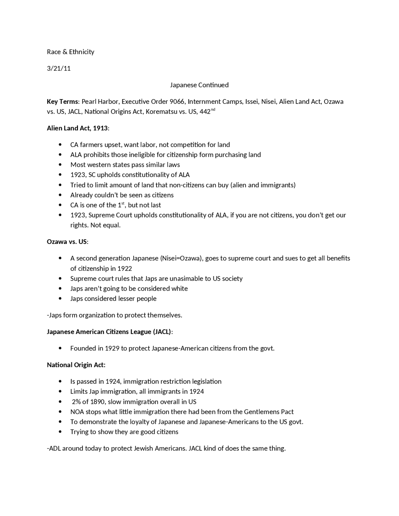 Japanese Continued – Race and Ethnicity - Notes | AMH 2097 - Docsity