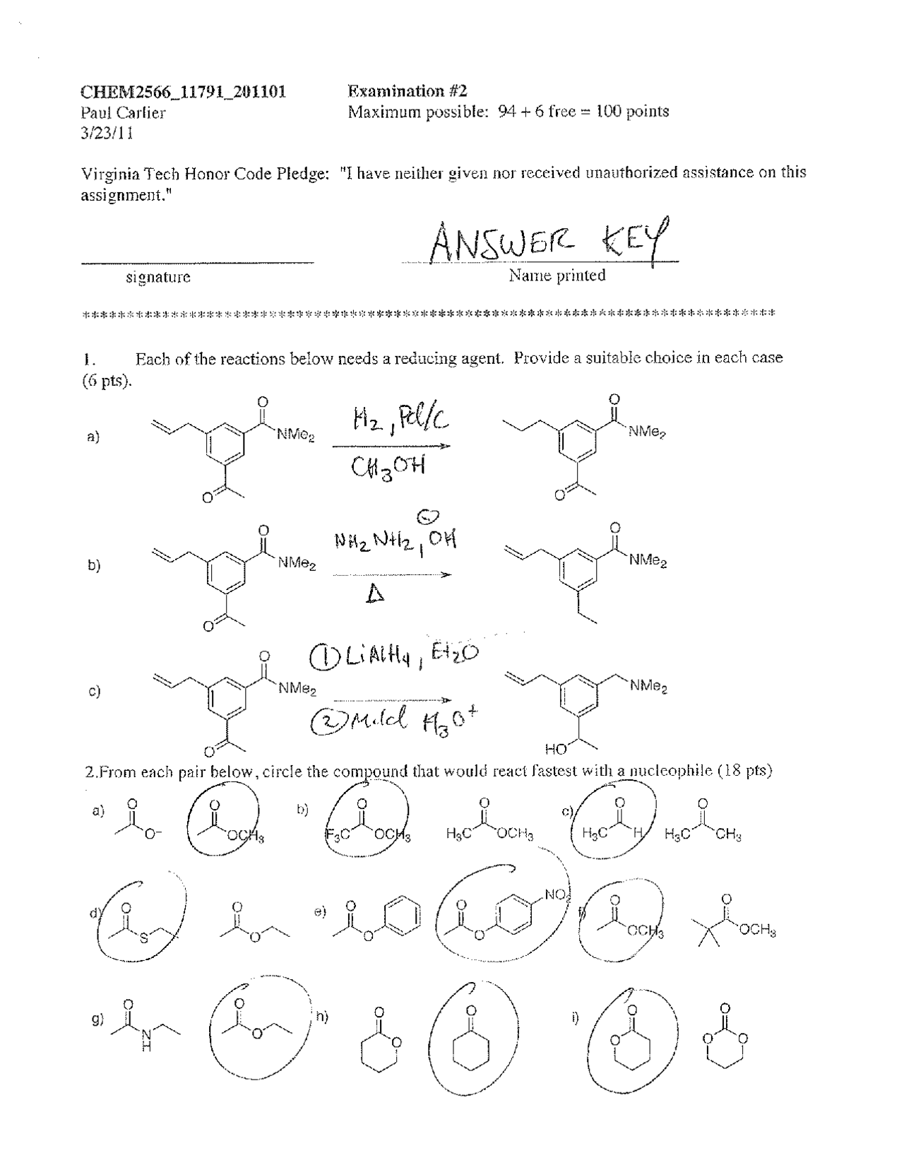 Answer Key - Exam 2 - Principles Organic Chemistry | CHEM 2566 - Docsity