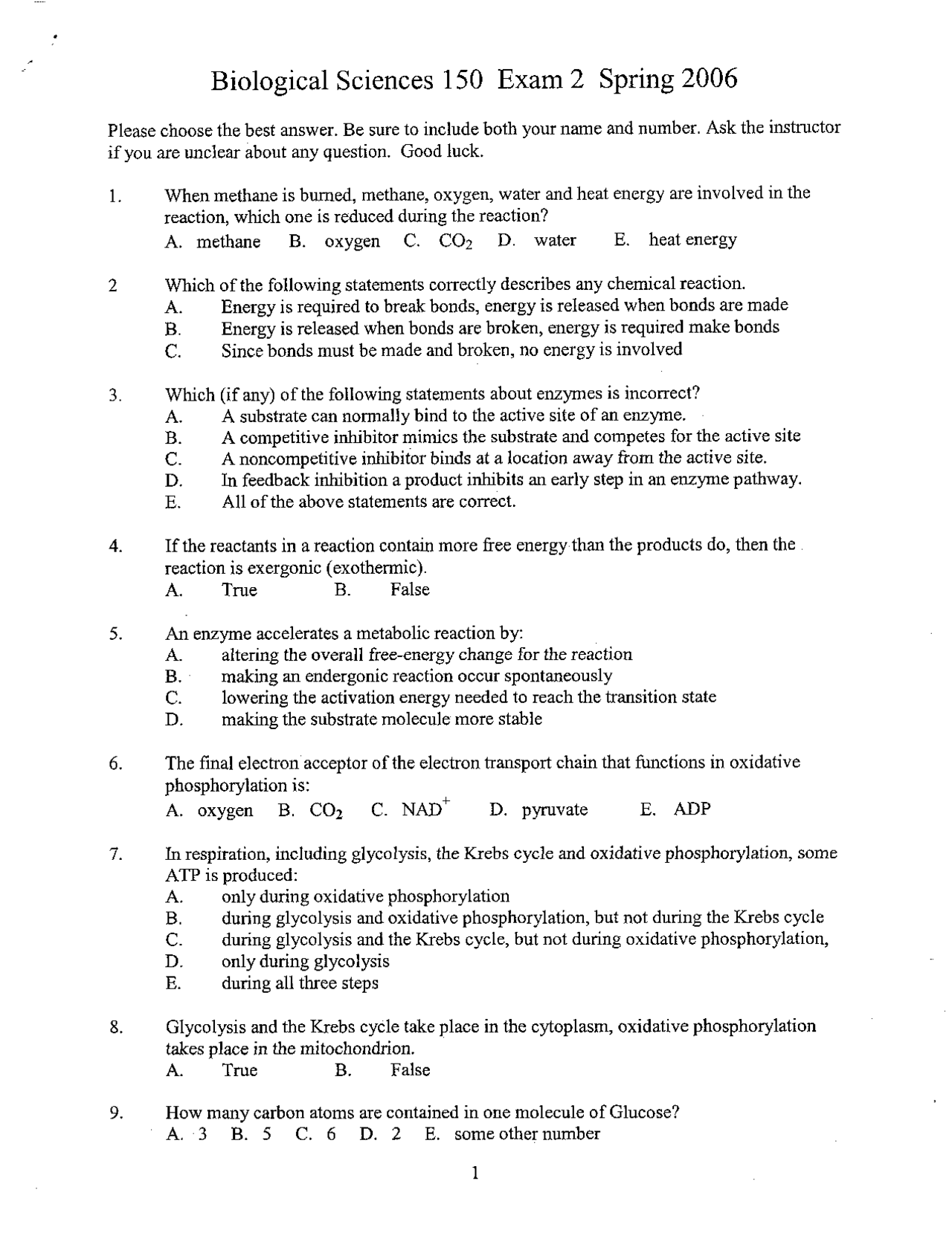 Exam 2 Spring 2006 Foundations Of Biological Sciences I Bio Sci