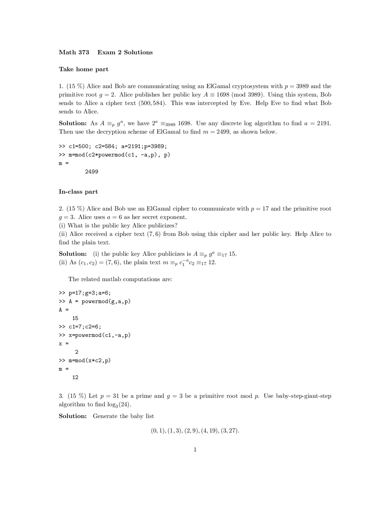 Exam 2 Questions With Solutions Introduction To Cryptography Math 373 Docsity