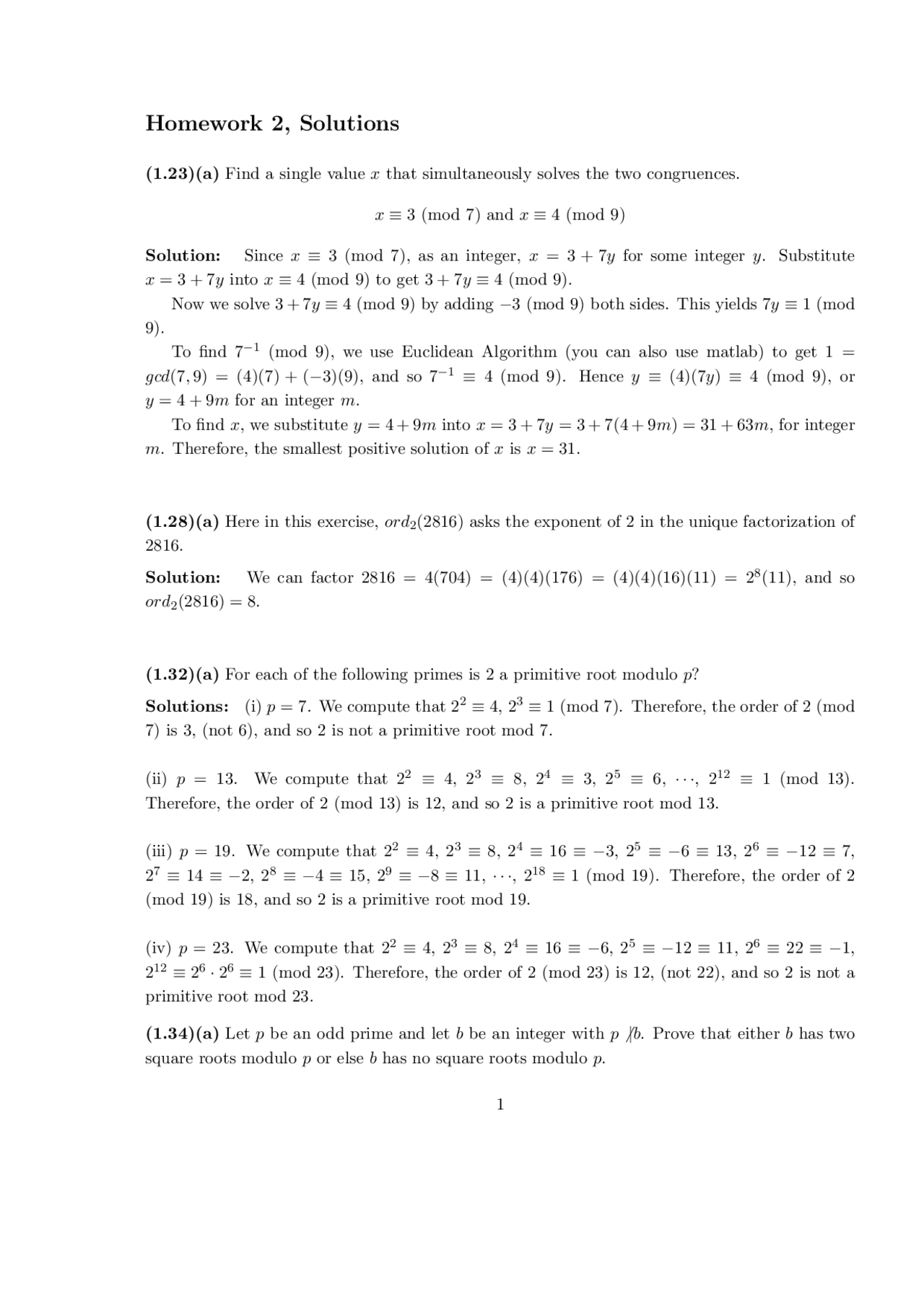 Solution Of Homework 2 Introduction To Cryptography Math 373 Docsity