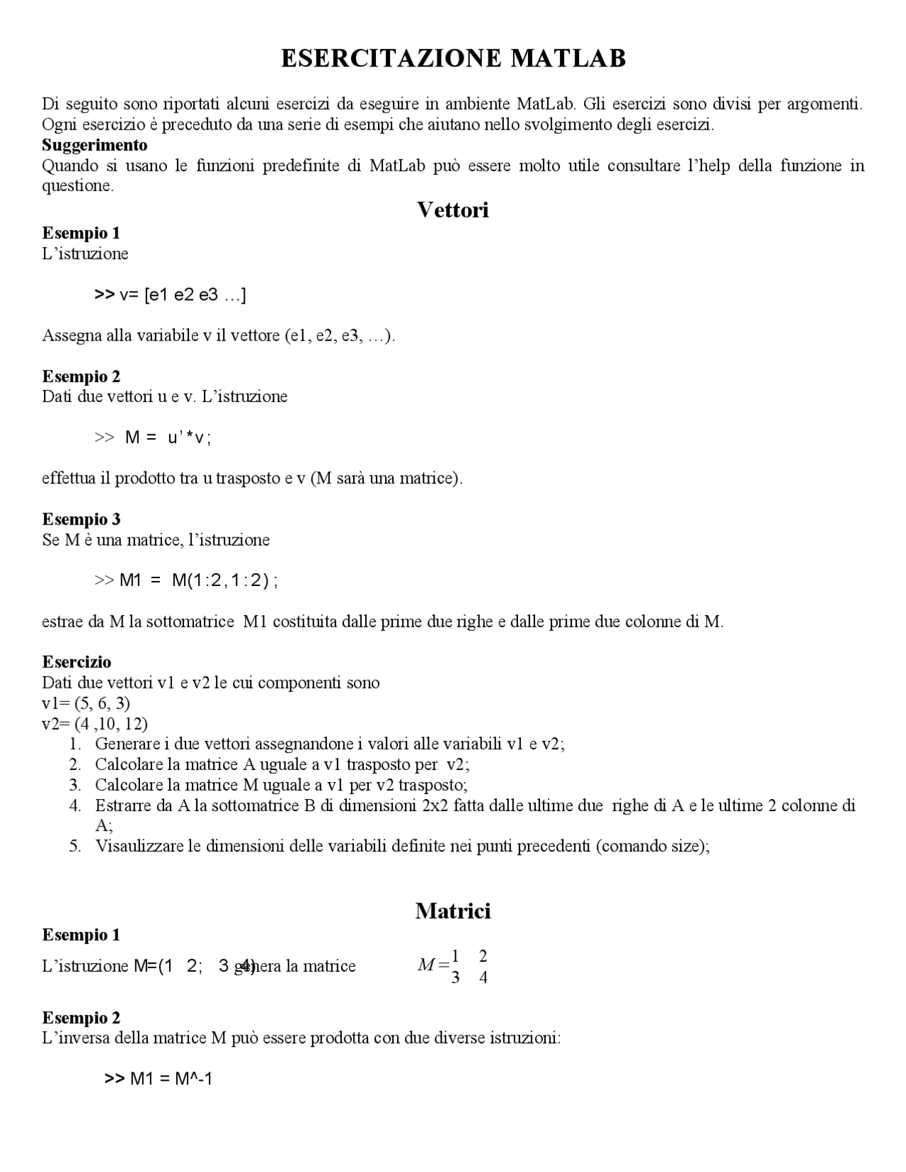 Laboratorio Di Informatica Esercitazione Matlab 1 Prof Fontanella
