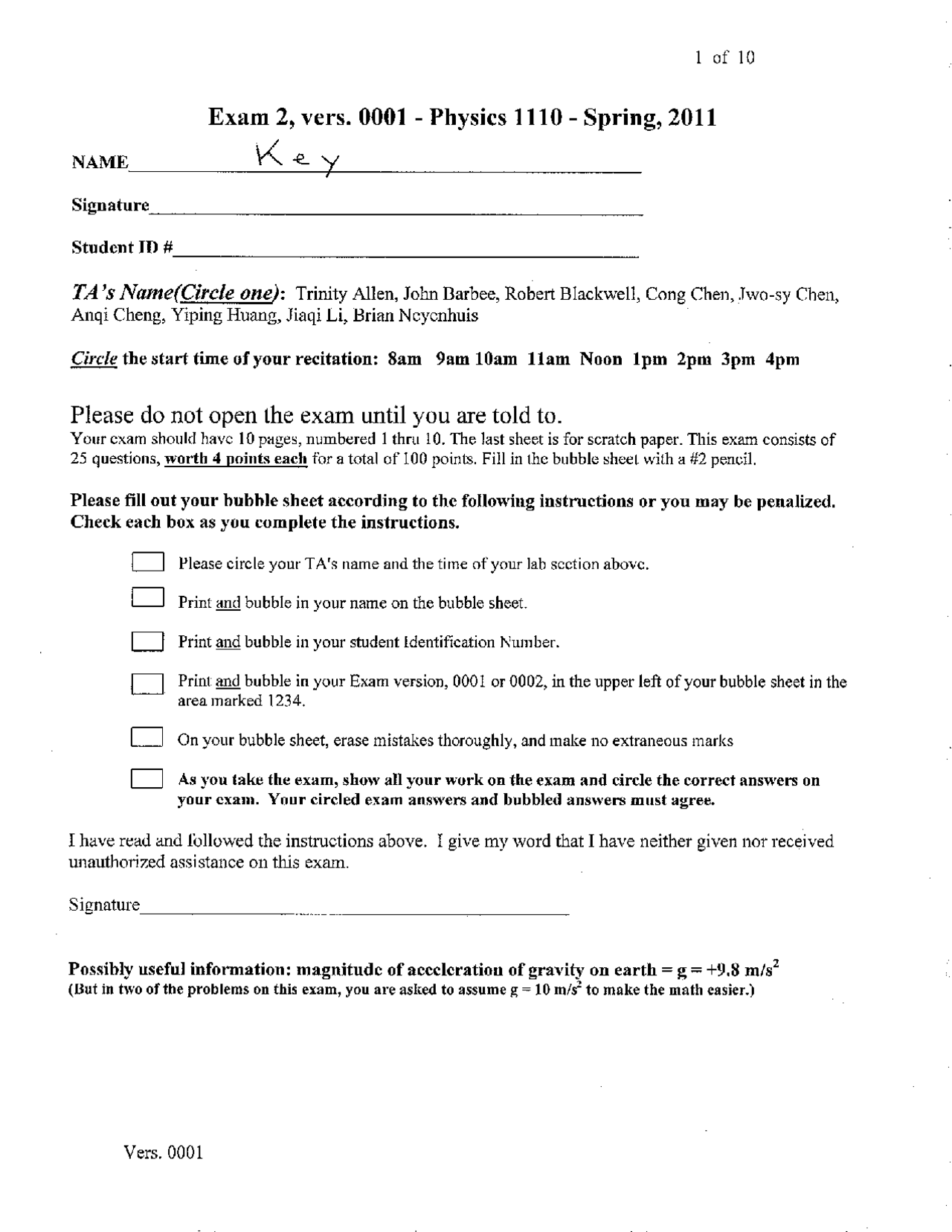 Exam 2 with Solved Questions - General Physics I | PHYS 1110 | Exams Physics | Docsity