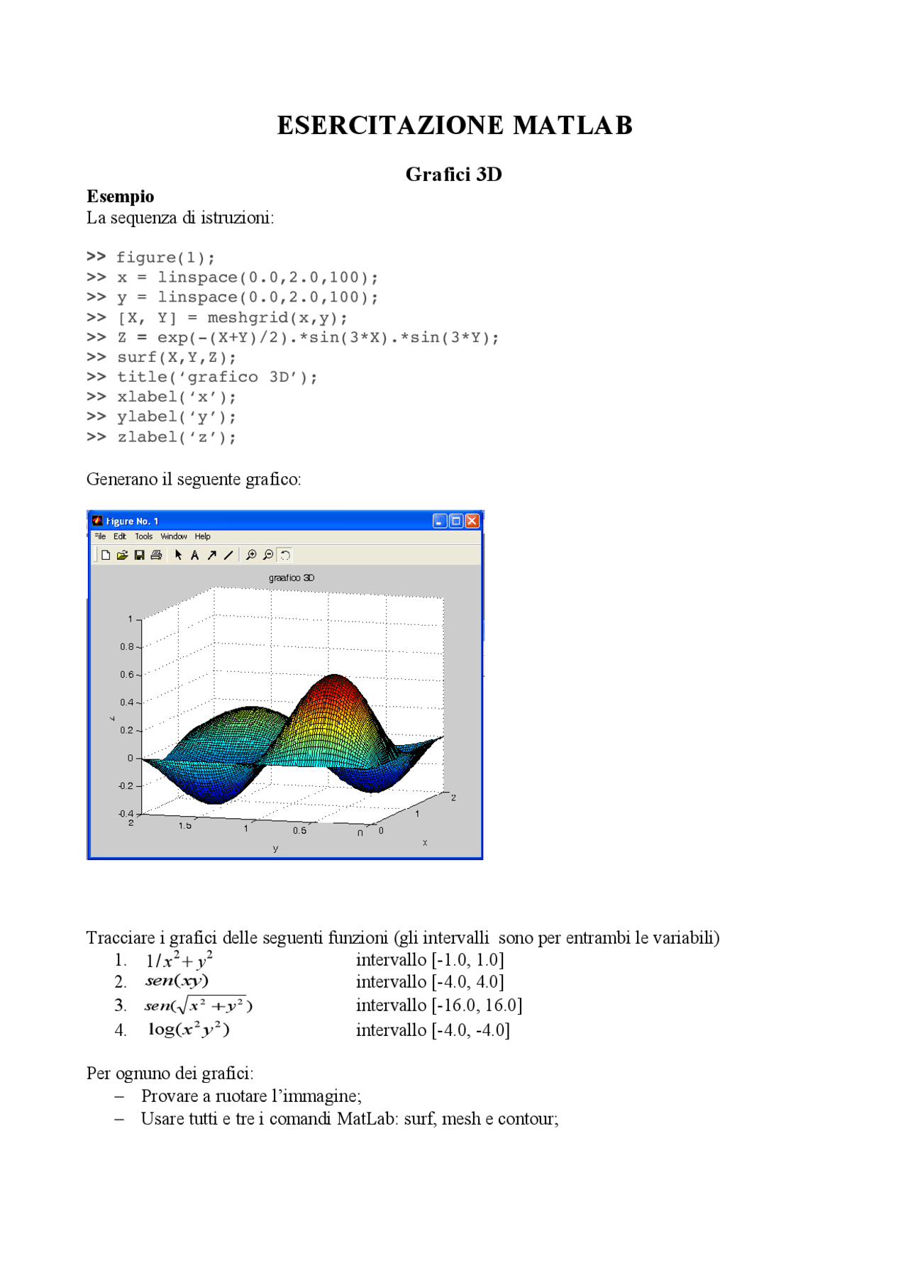 Laboratorio Di Informatica Esercitazione Matlab Grafici 3d Prof