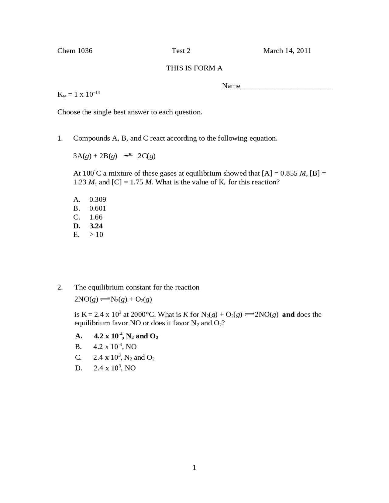25 Questions For Test 2 General Chemistry Chem 1036 Docsity