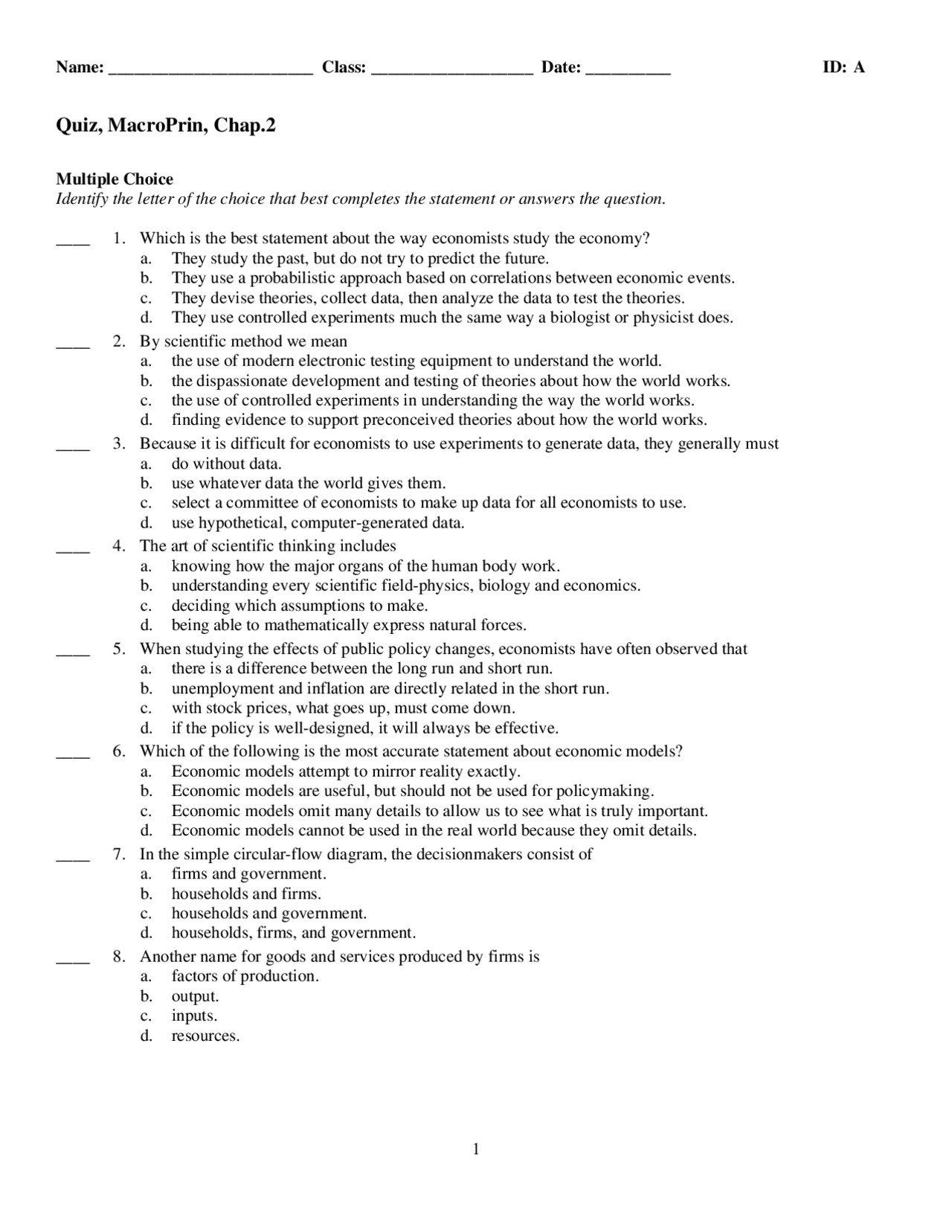 14 Mcqs On Macroeconomic Principles With Answer Key Quiz 2 Econ