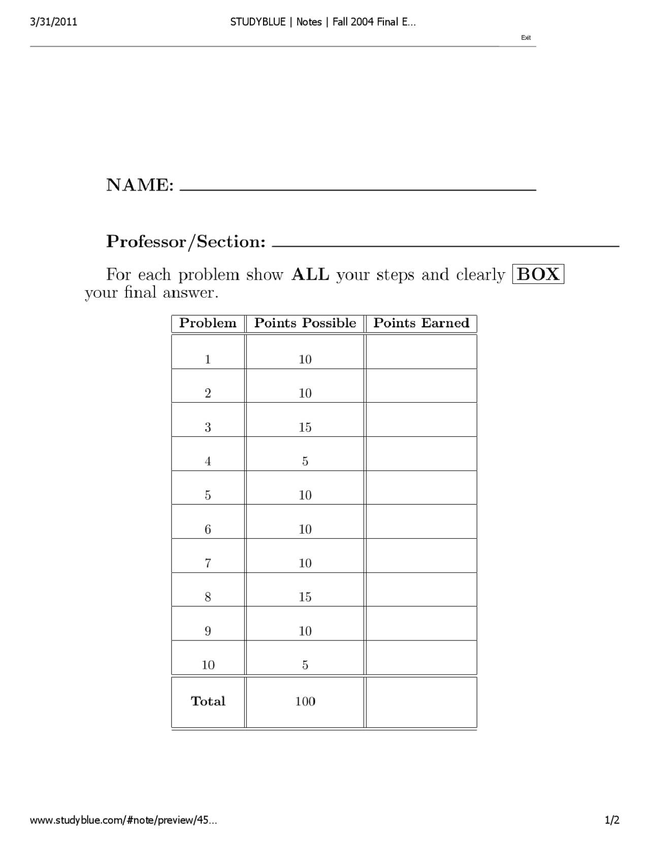 Final Examination Questions Linear Algebra Math 217 Docsity