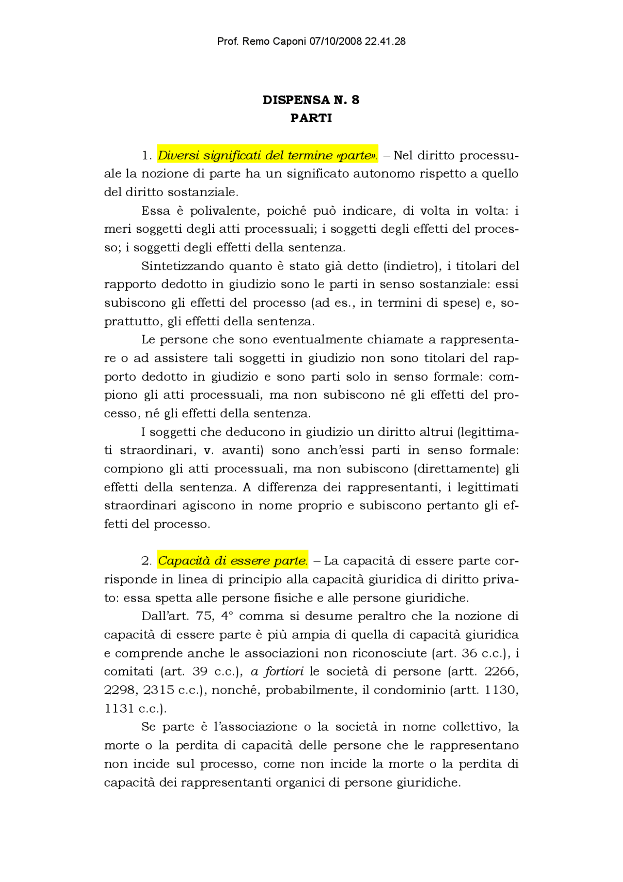Proto Pisani Parti Prof Caponi Appunti Di Diritto Processuale