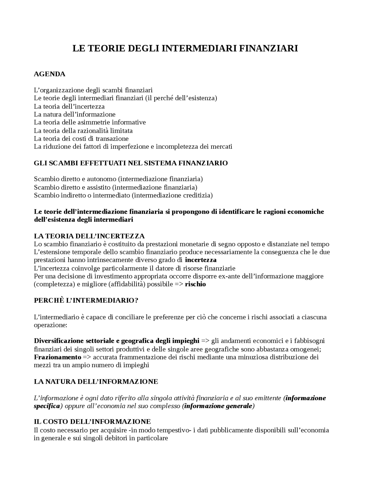 LE TEORIE DEGLI INTERMEDIARI FINANZIARI - Docsity
