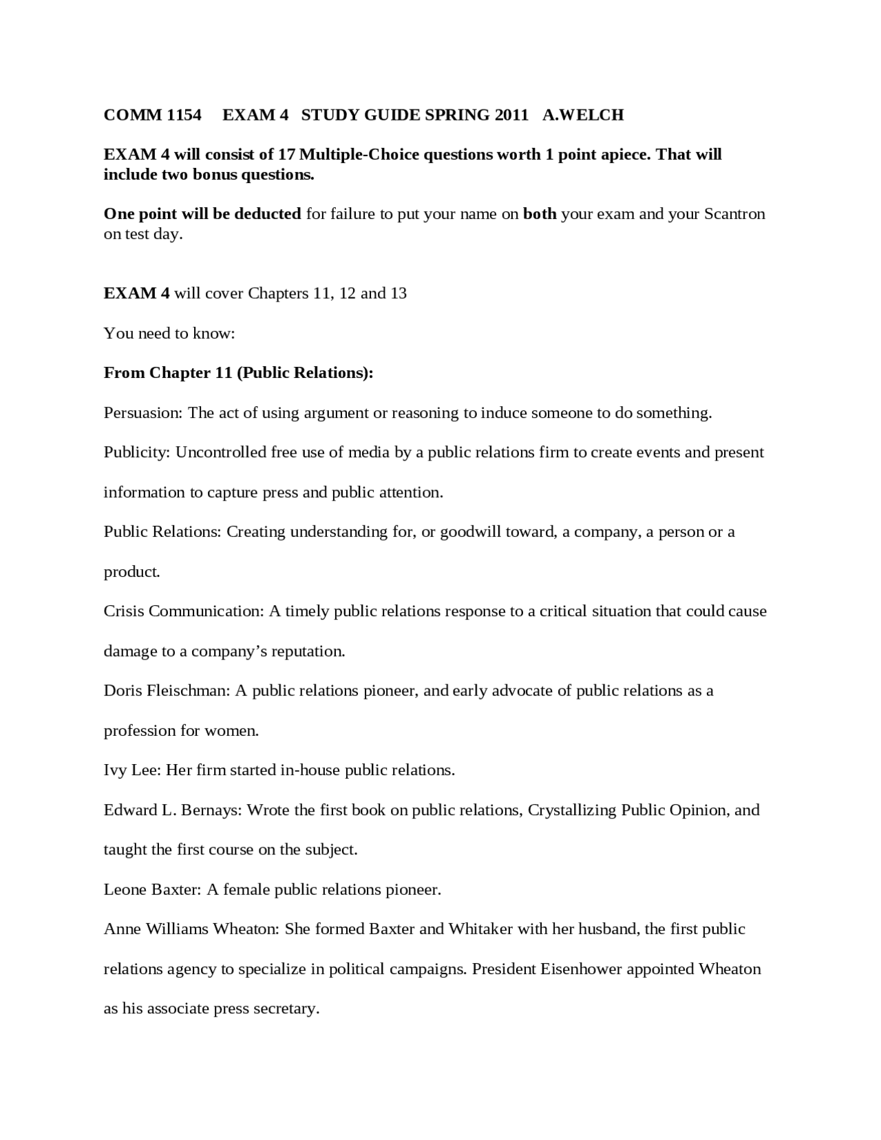 Exam 4 Study Guide - Introduction to Mass Communications | COMM 1154 - Docsity