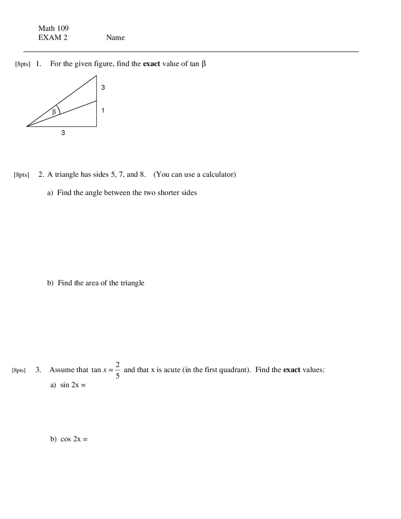 Exam 2 Questions Trigonometry And Analytic Geometry Math 109 Docsity