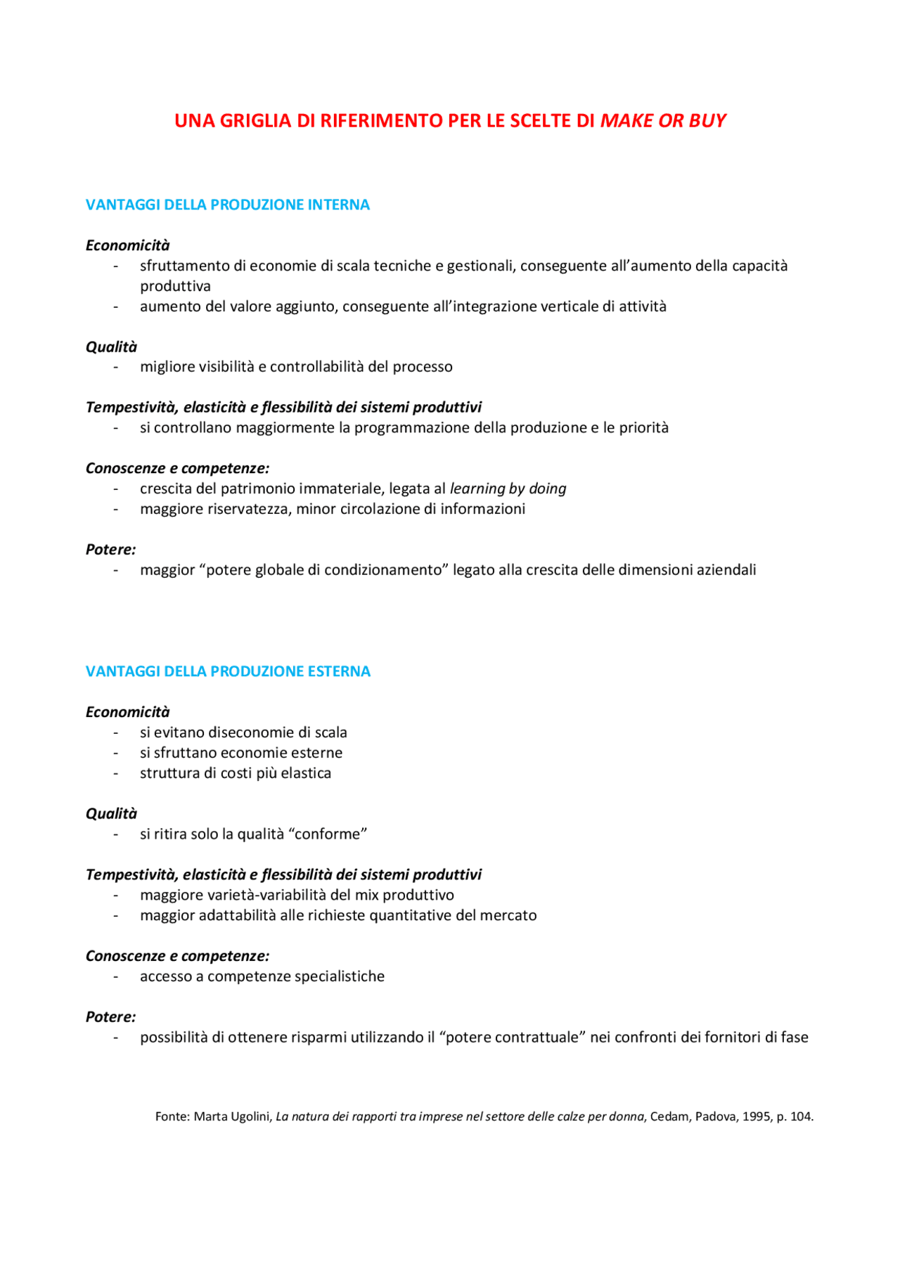 Schema dei criteri per le scelte di make or buy - Docsity