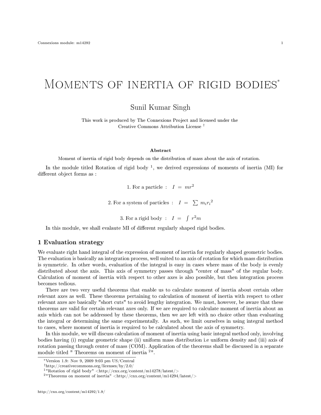 Lecture Notes On Moments Of Inertia Of Rigid Bodies Math 2224 Docsity