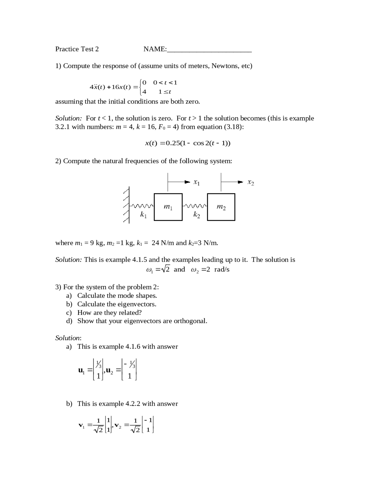 Practice Test 2 With Solution Dynamic Systems Vibrations Me 3504