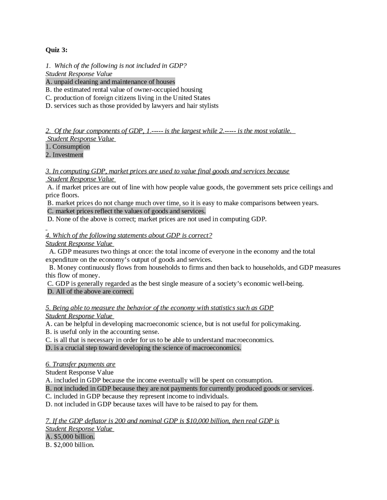 Quiz 3 with Answers | Principles of Macroeconomics | ECON 204 | Quizzes Economics | Docsity