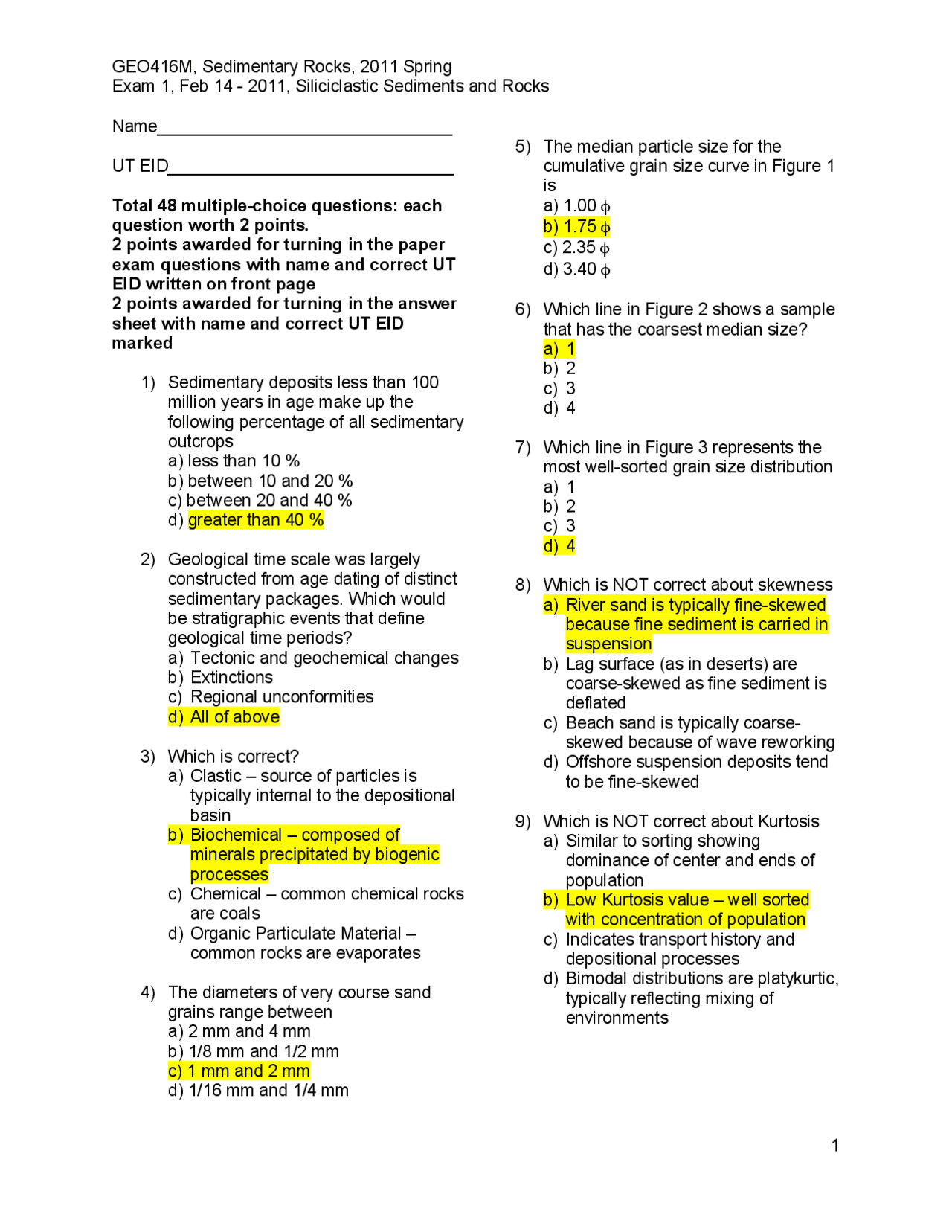 Final Exam 1 with Answer Key for Sedimentary Rocks | GEO 416M - Docsity