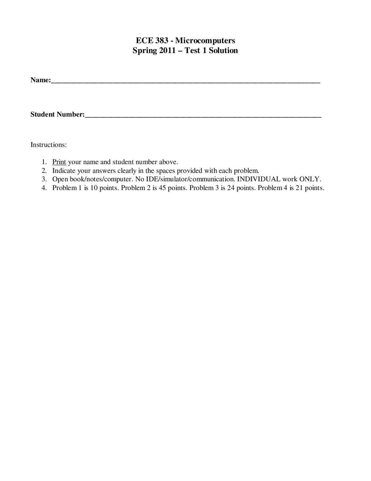 Solutions Of Exam 1 On Microcomputers Ece 383 Docsity