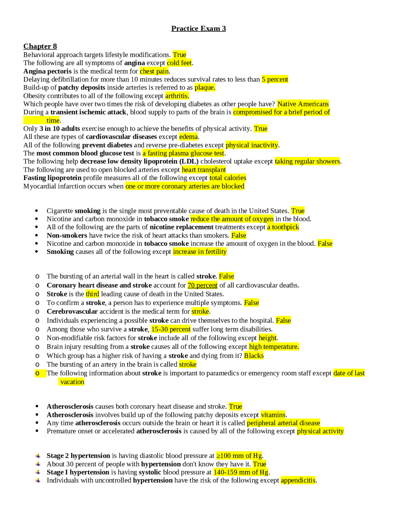 Personal Health Practice Exam 3 with answers | PHS 1514 - Docsity