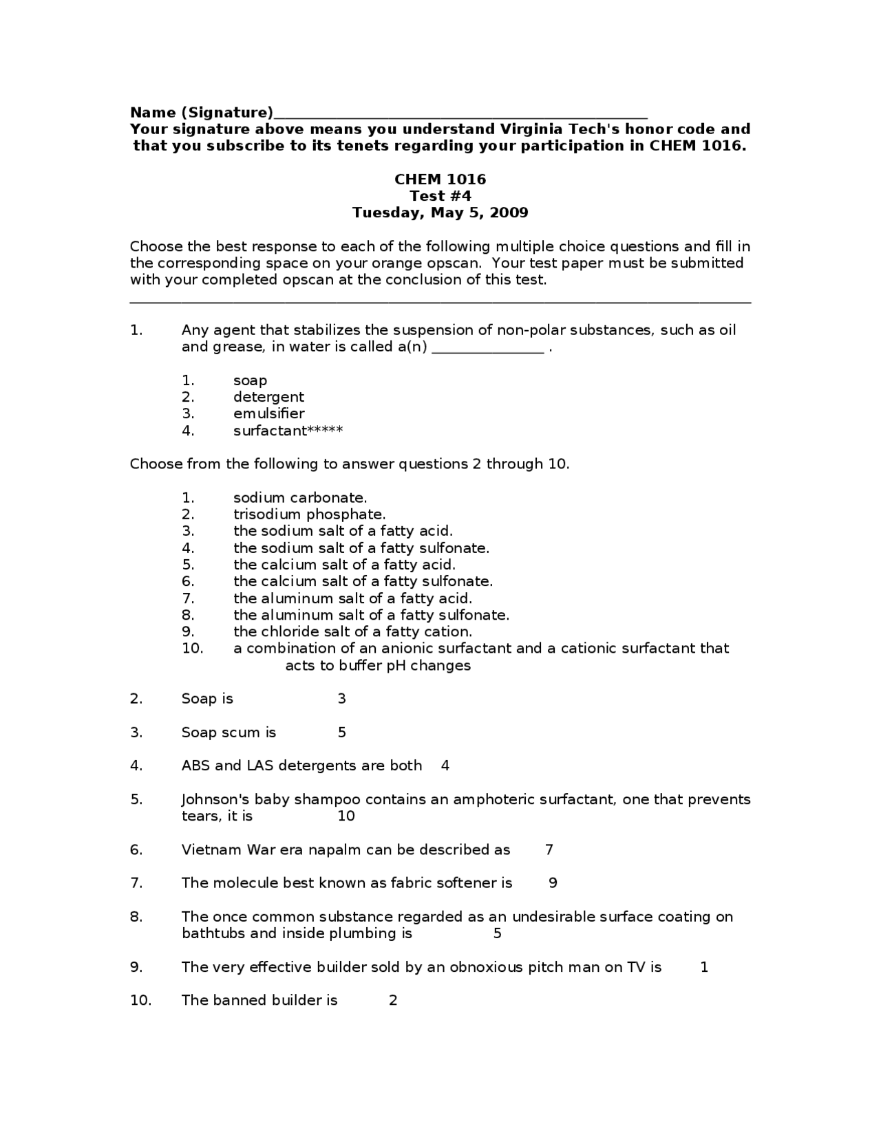 Sample Test 4 - Introduction to Chemistry - Fall 2009 | CHEM 1016 - Docsity
