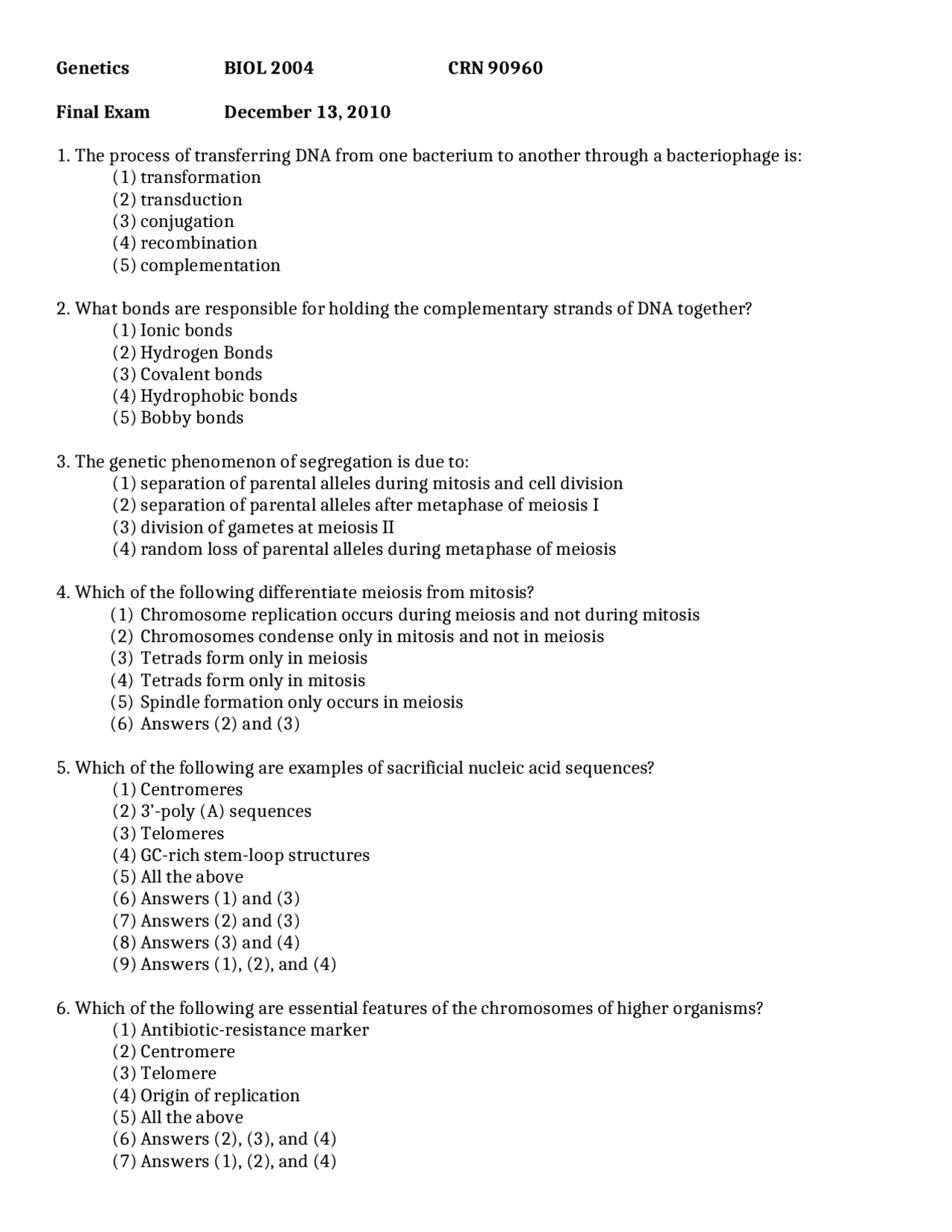 Genetics - Questions with Solutions for Final Exam | BIOL 2004 - Docsity