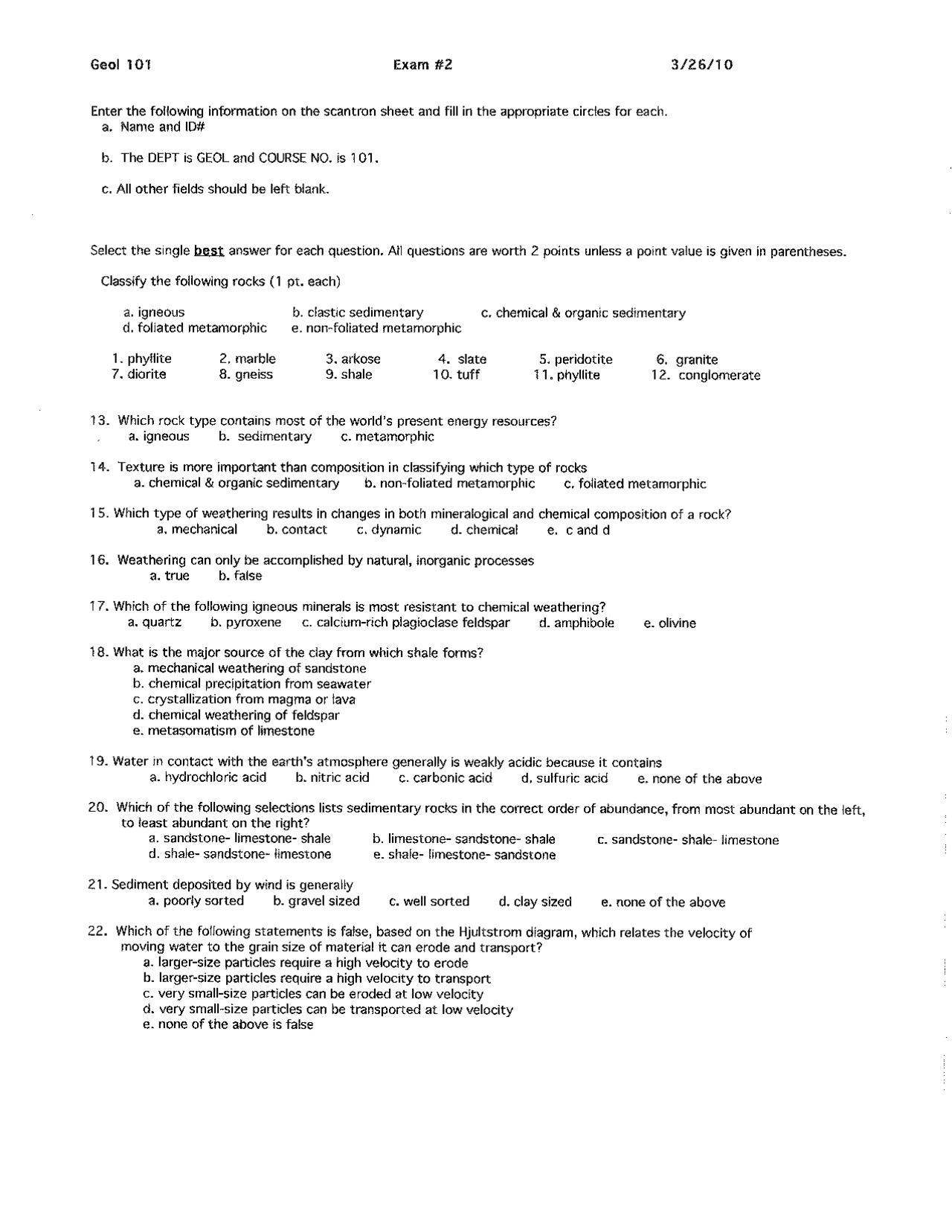 39 Multiple Choice Questions Exam 2 Principles Of Geology Geol 101