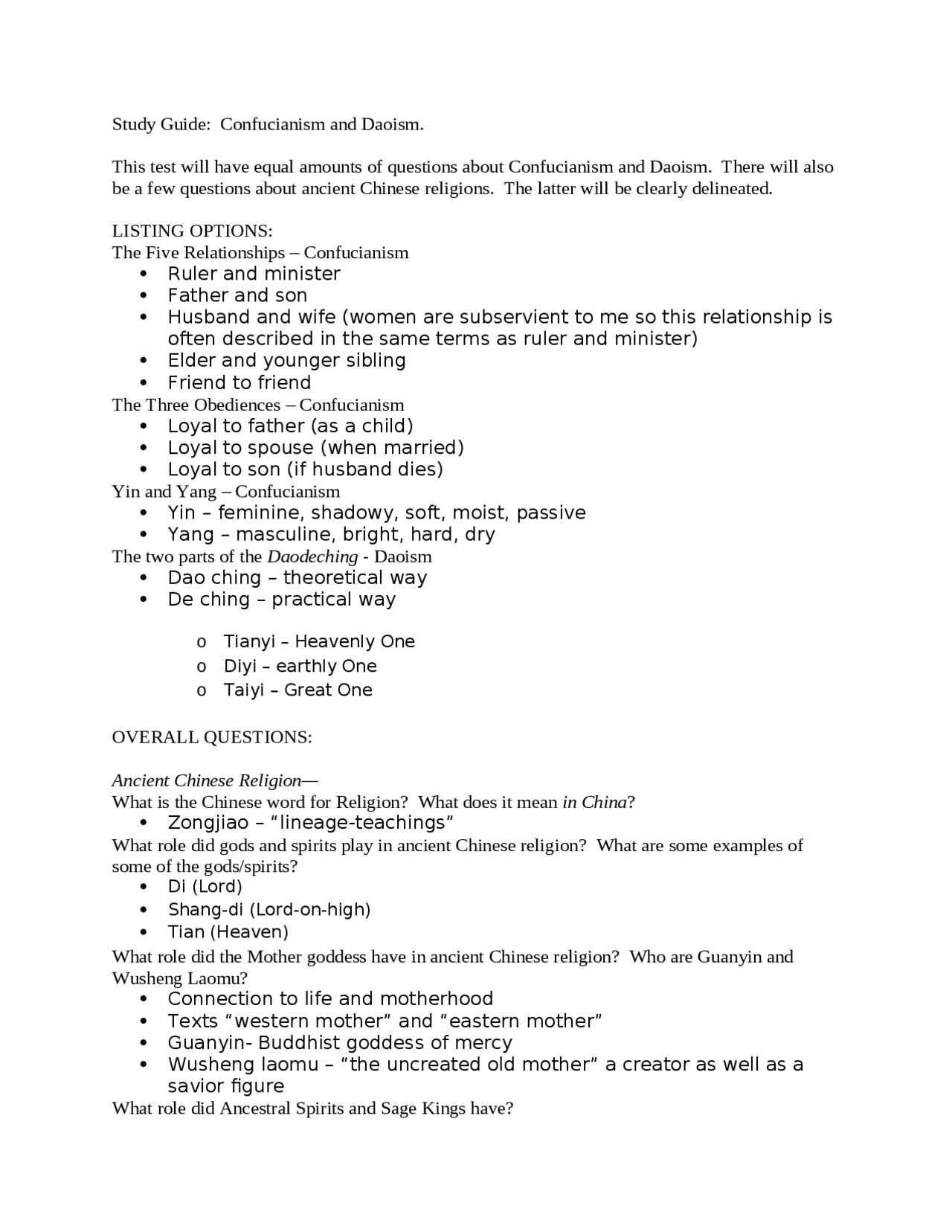 Confucianism and Daoism Study Guide | RELI 1002 - Docsity