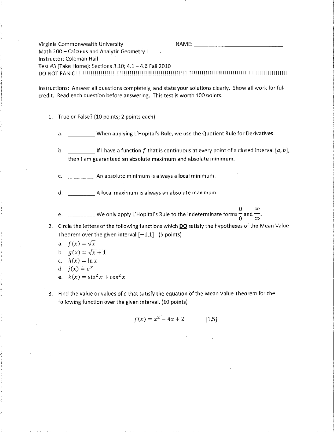 Test 3 Take Home - Calculus and Analytical Geometry | MATH 200 - Docsity