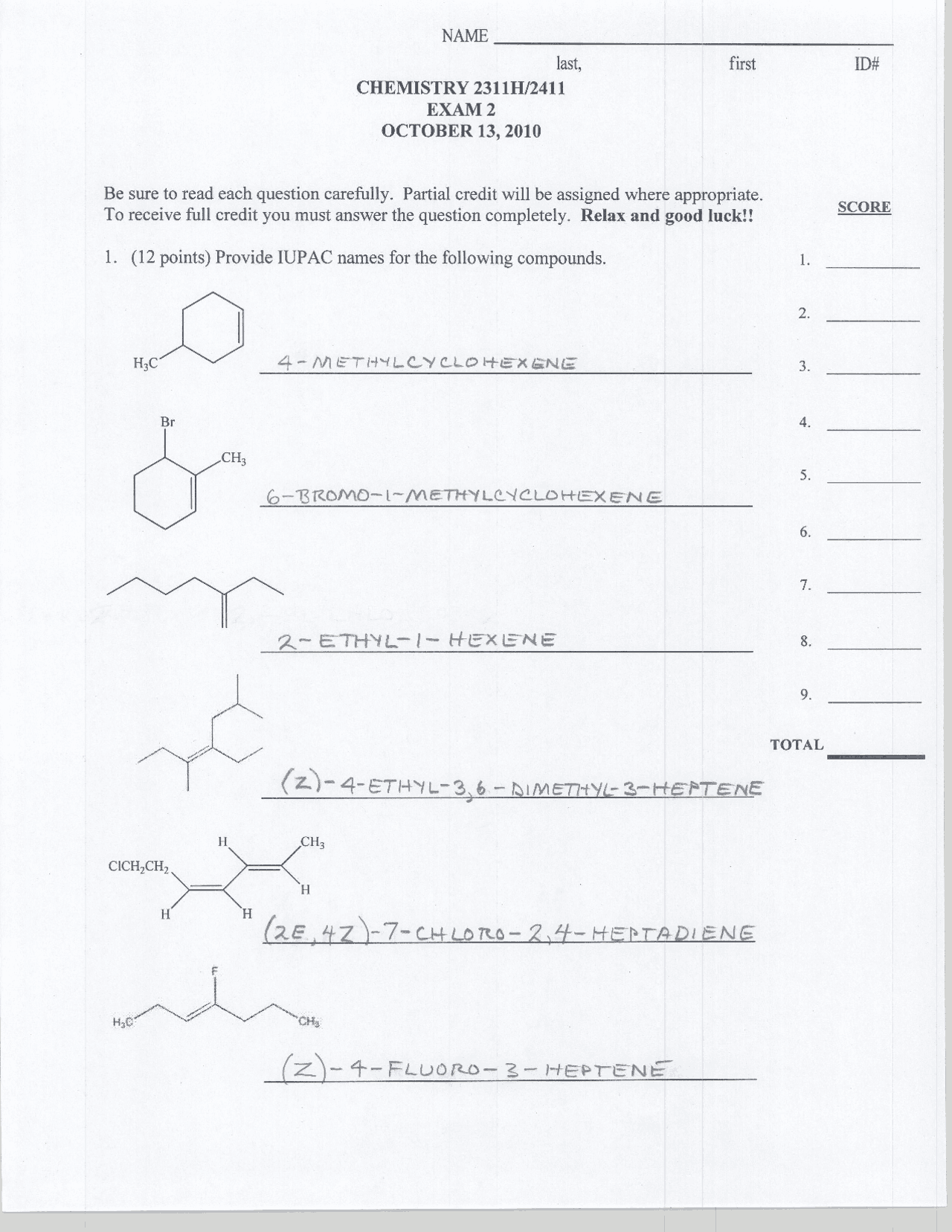Old Exam 2 With Answer Key Advanced Organic Chemistry I Chem 2311h
