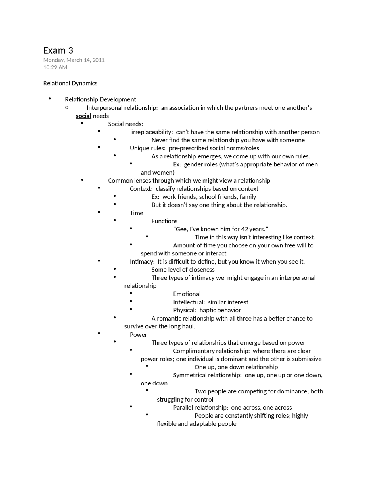 Review Sheet For Exam 3 Interpersonal Communication Cmst 2010 Docsity