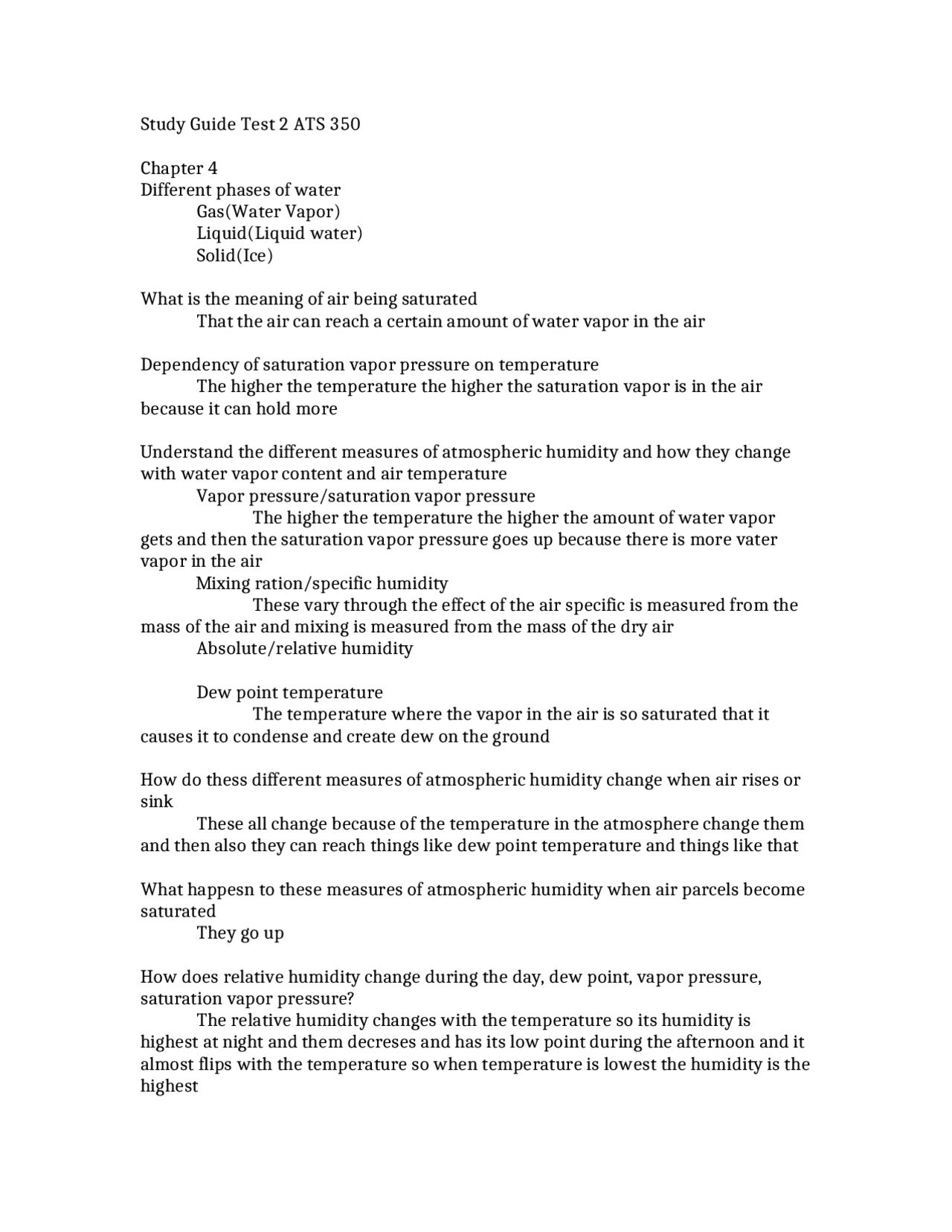 Study Guide Test 2 - Different Phases of Water | ATS 350 - Docsity