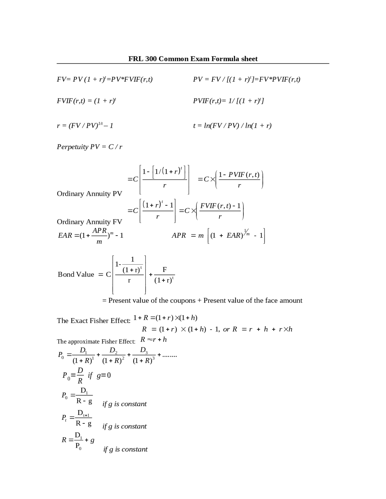Formula Sheet On Managerial Finance I For Exam Frl 300 Docsity