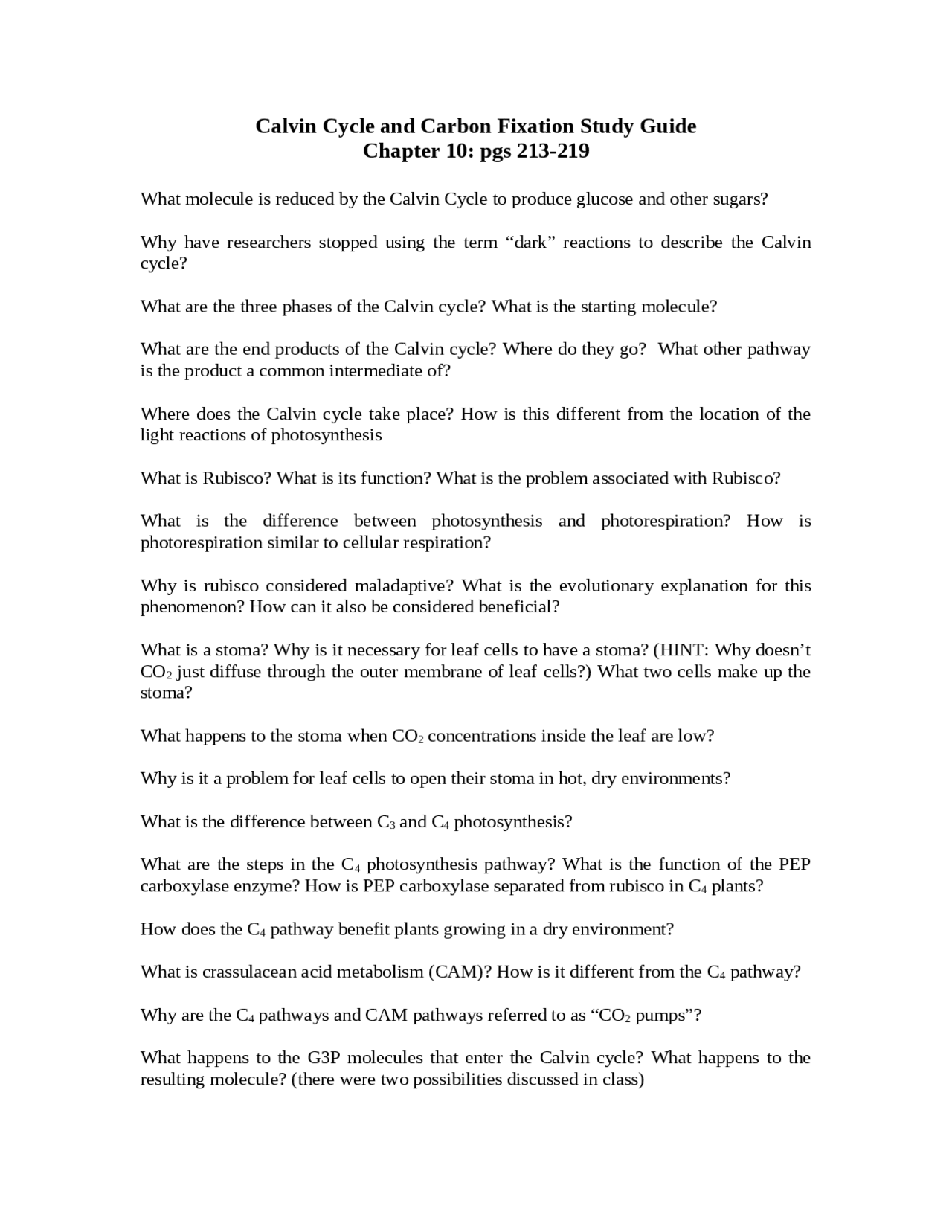 Study Guide for Calvin Cycle and Carbon Fixation | BIOL 1100 - Docsity