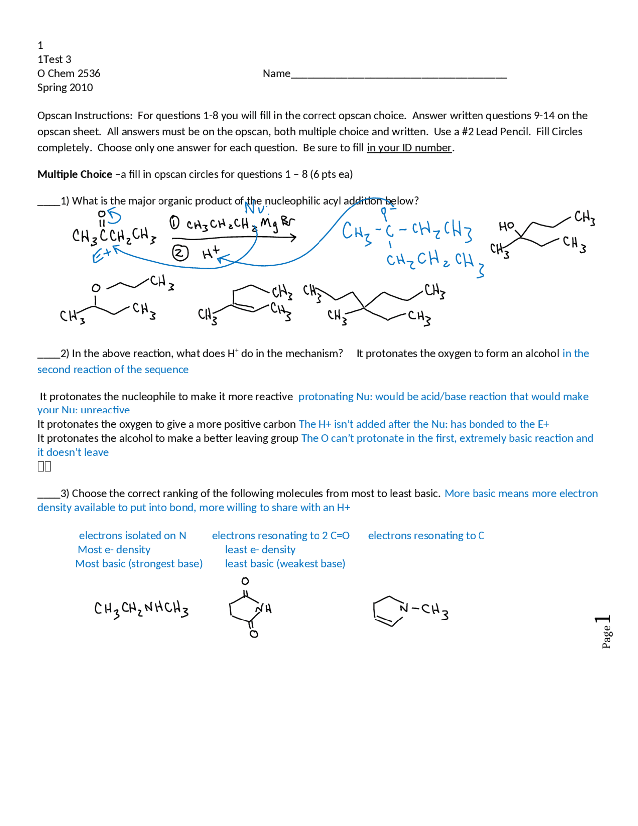 Organic Chemistry - Test 3 with Solution - Spring 2010 | CHEM 2536 ...