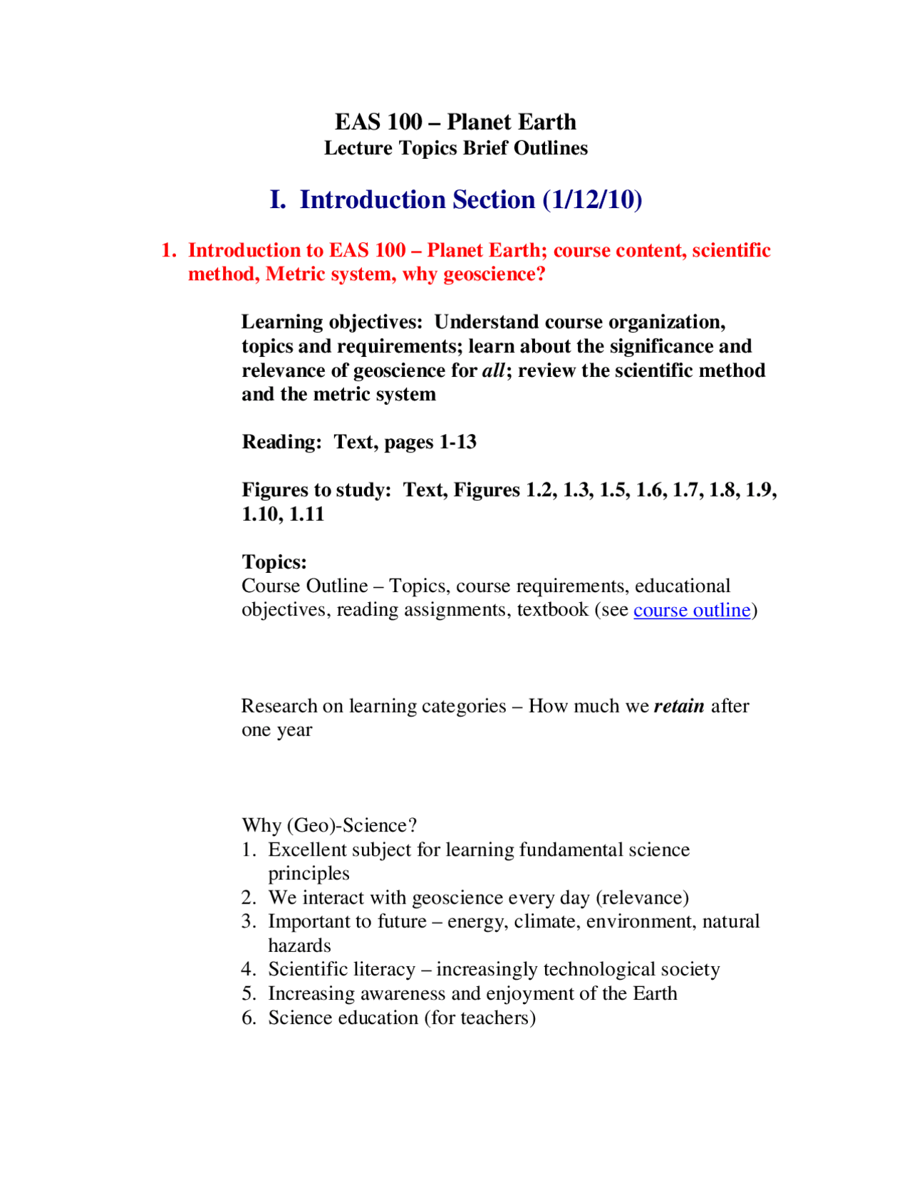 Planet Earth - Unit 1 Brief Topic Outline | EAS 10000 - Docsity