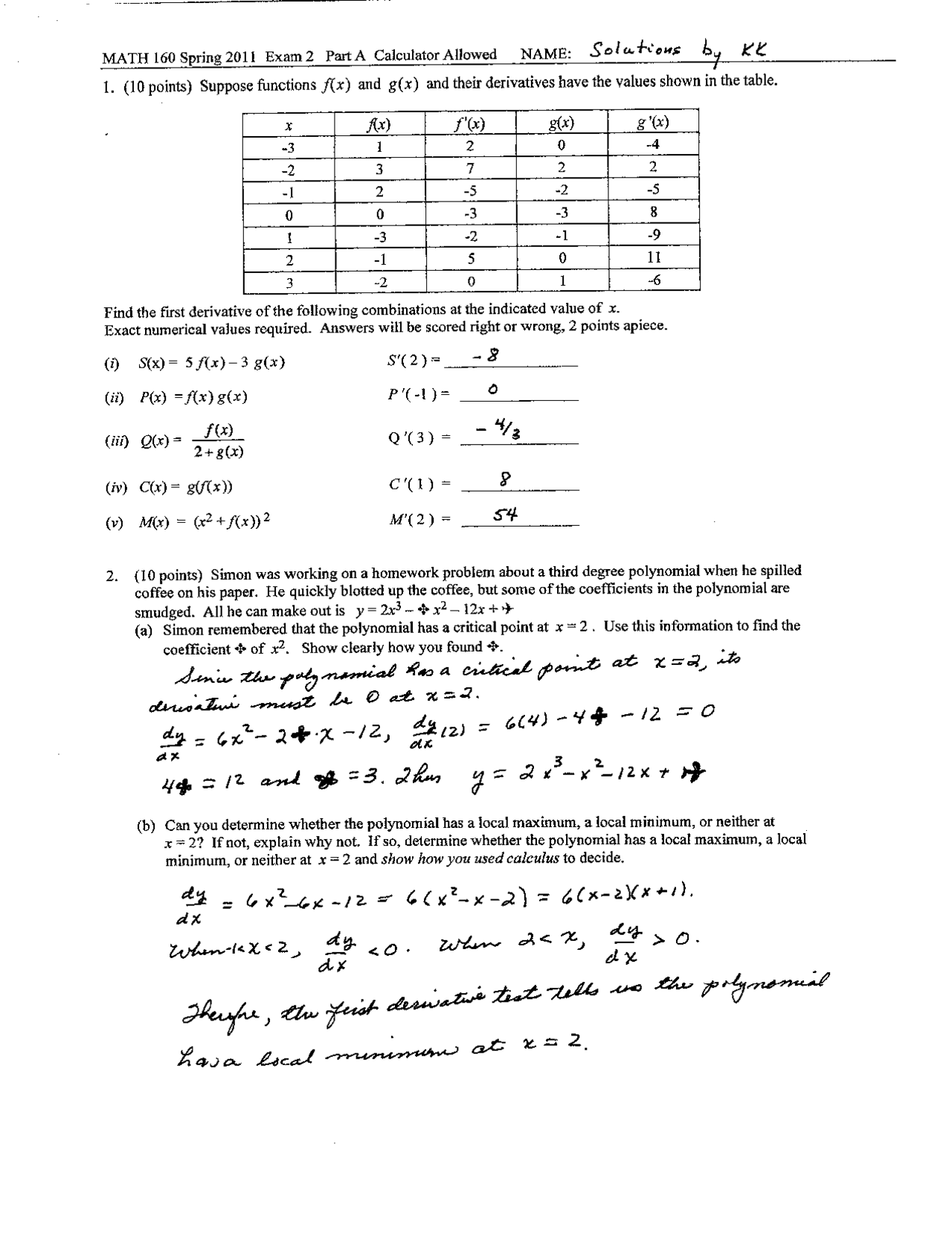 Exam 2 Solved Calculus For Physical Scientists I Spring 2011 Math
