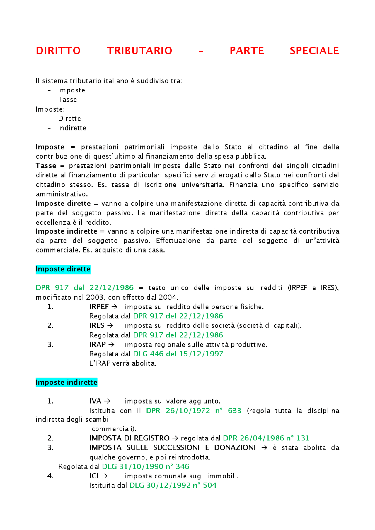 Diritto Tributario Tesauro Parte Speciale Docsity