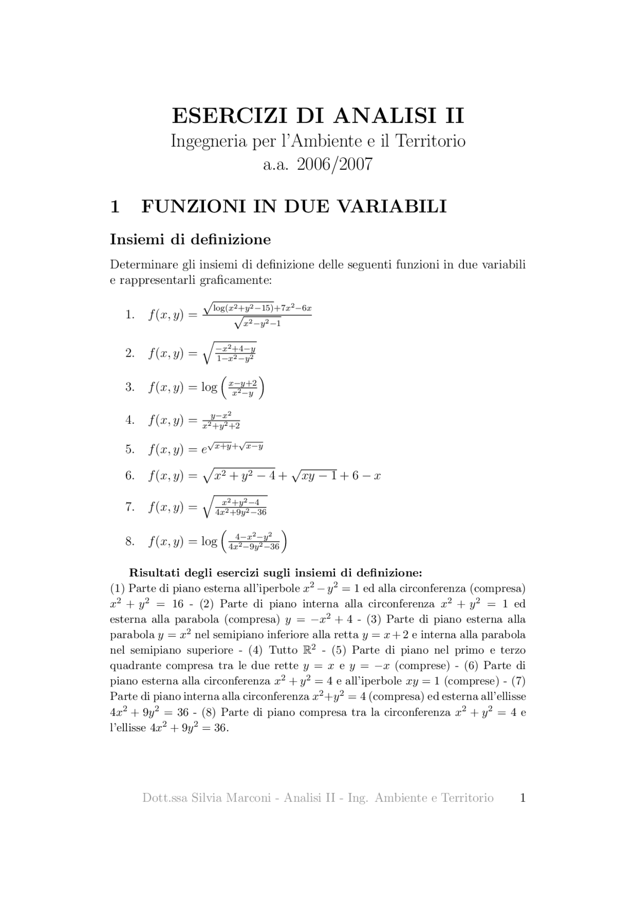 Esercitazione Di Analisi 2 Ingegneria Dellambiente Docsity