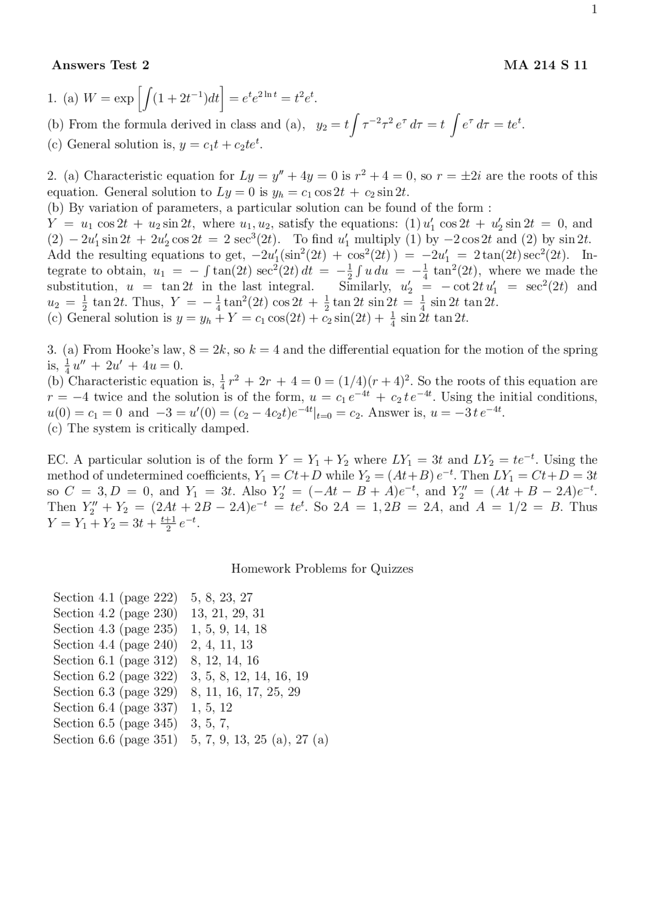 Exam 2 With Solution On Calculus 4 Ma 214 Docsity