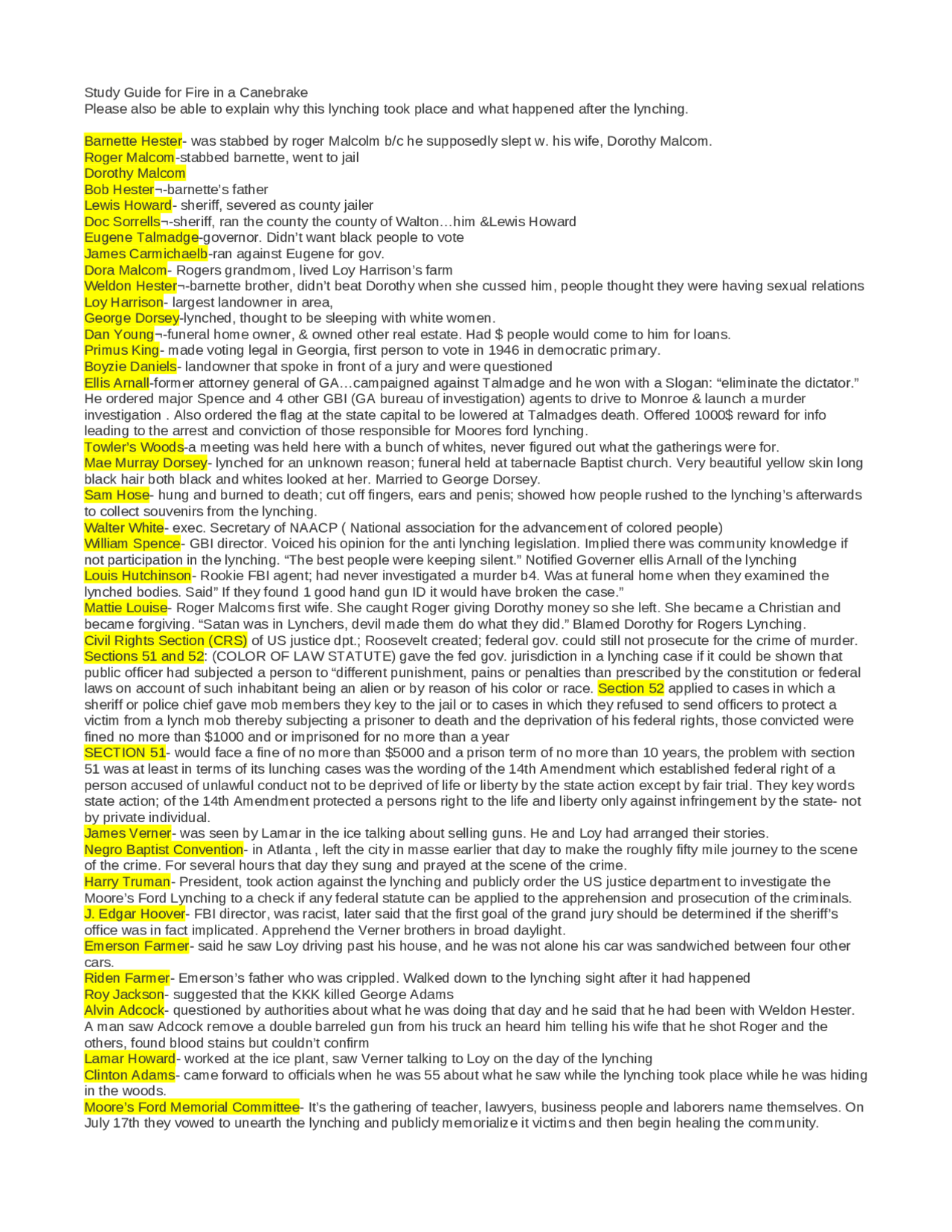 Study Guide for Fire in a Canebrake - American History | HIS 1200 - Docsity