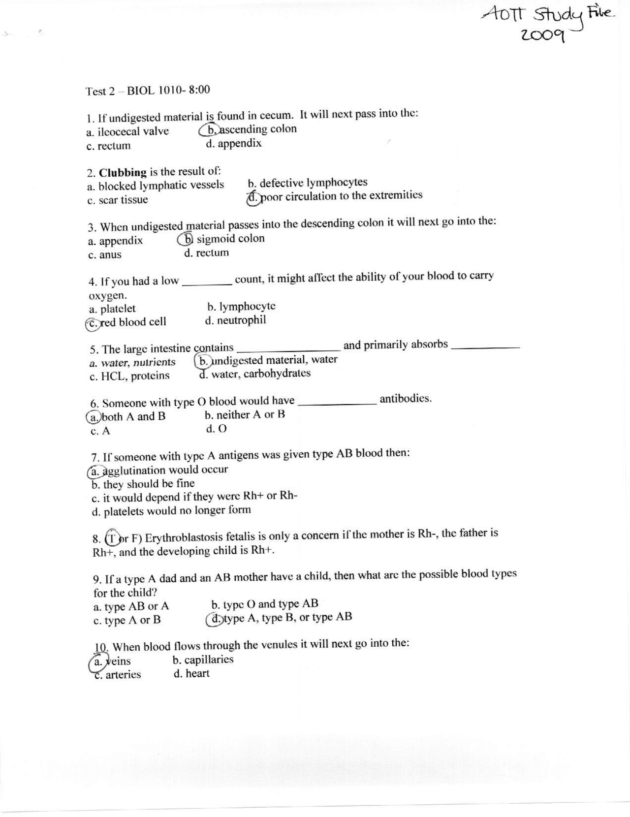 Multiple Choice Exam With Solutions Of Biology Biol 1010 Docsity