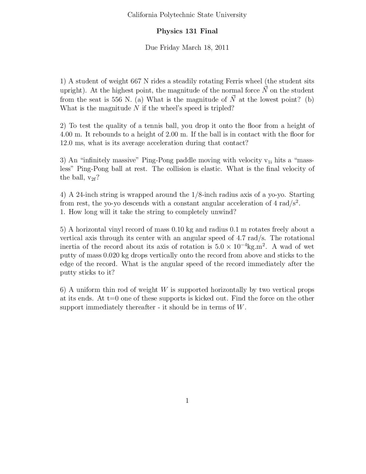 General Physics Final Exam Six Problems To Solve Phy 131 Docsity
