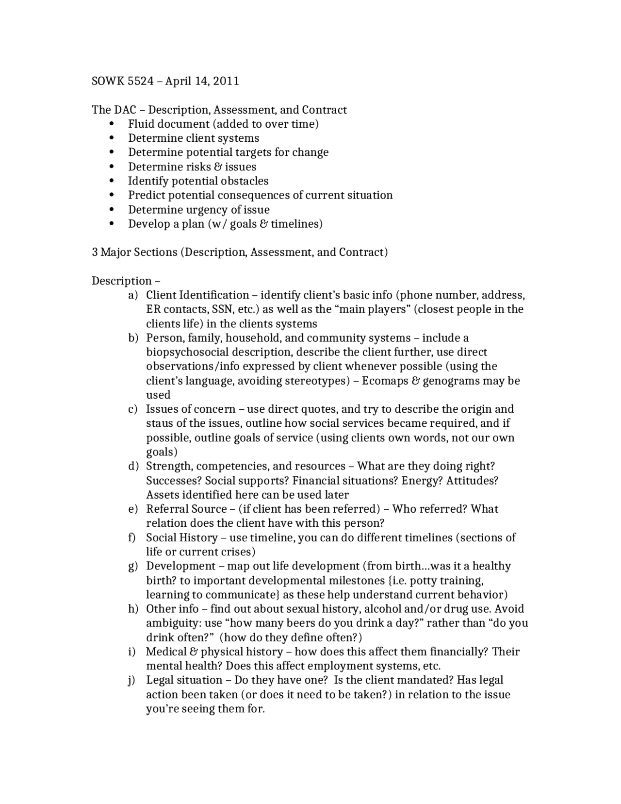 Description, Assessment, and Contract - Lecture Notes | SOWK 5524 - Docsity