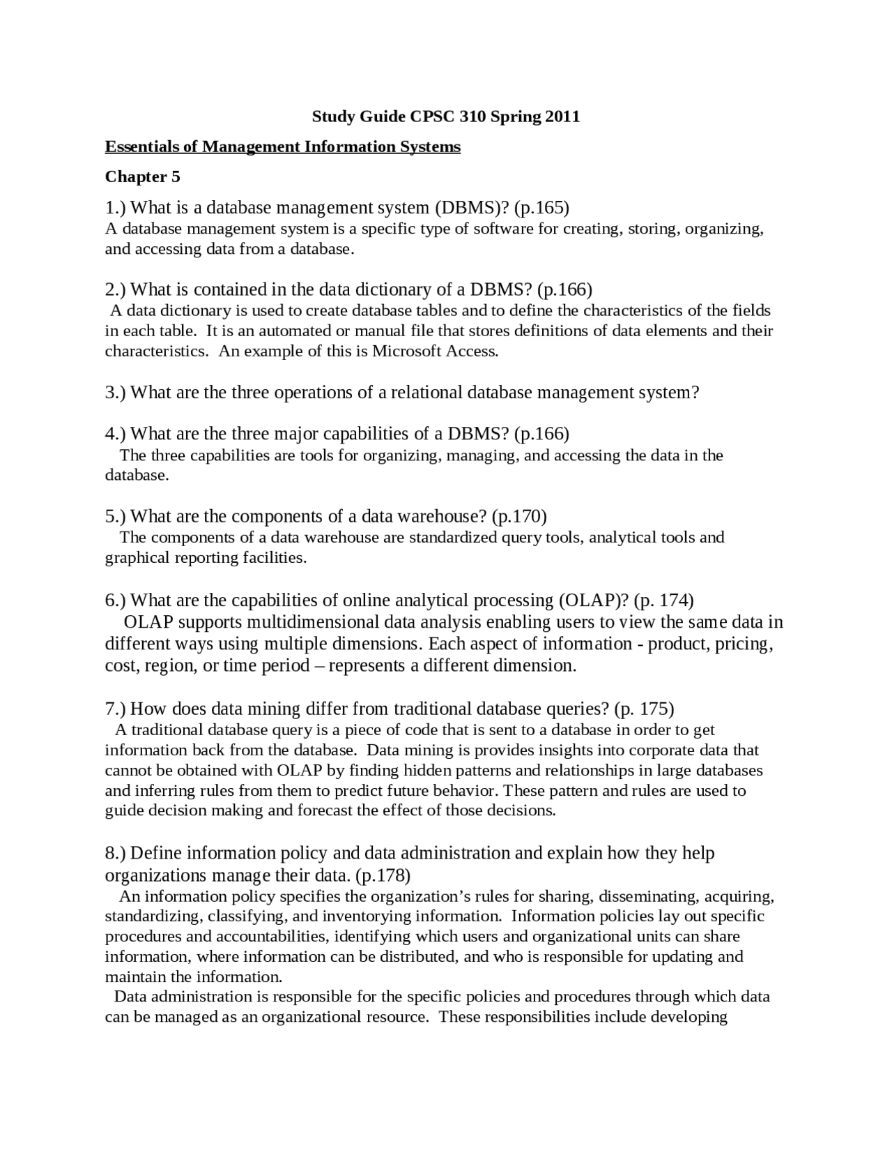 Study Guide for Essentials of Management Information Systems | CPSC 310 ...