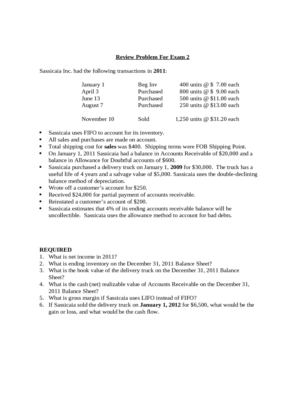 Review Problem For Exam 2 Introduction To Financial Accounting Acg