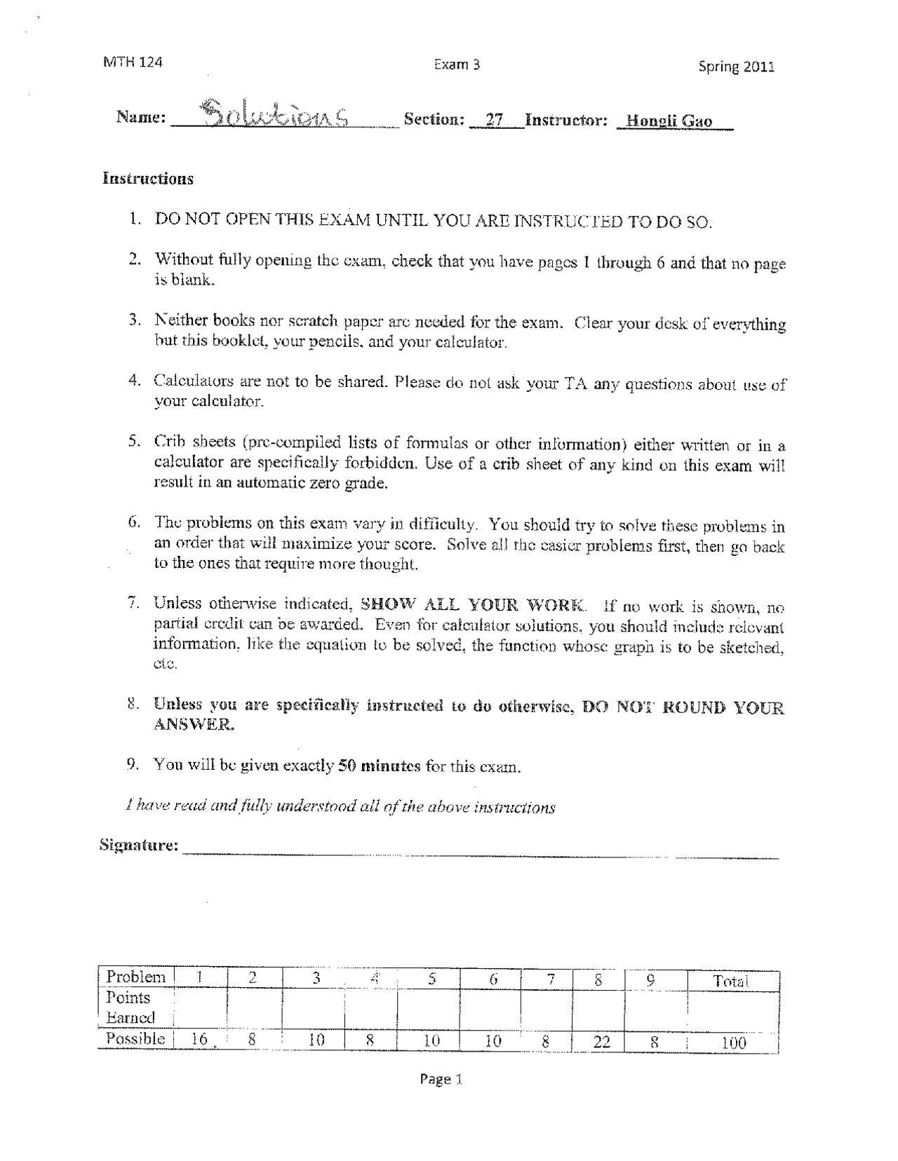 Exam 3 With Solution For Survey Of Calculus I Mth 124 Docsity