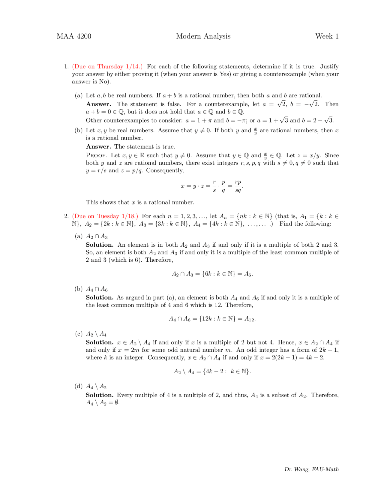 2 Solved Problems on Modern Analysis - Quiz 1 | MAA 4200 | Quizzes ...