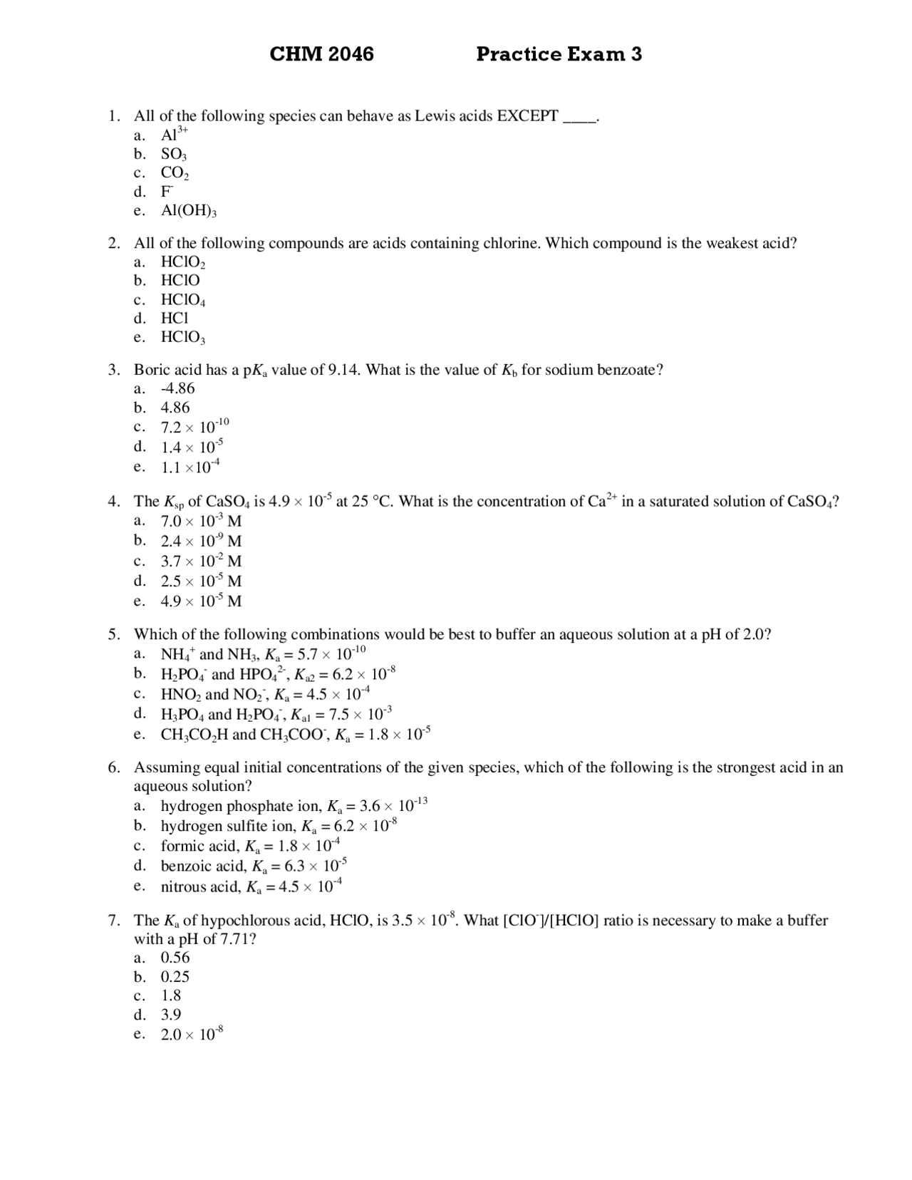 Practice Exam 3 On Chemistry Fundamentals Ii Chm 2046 Docsity