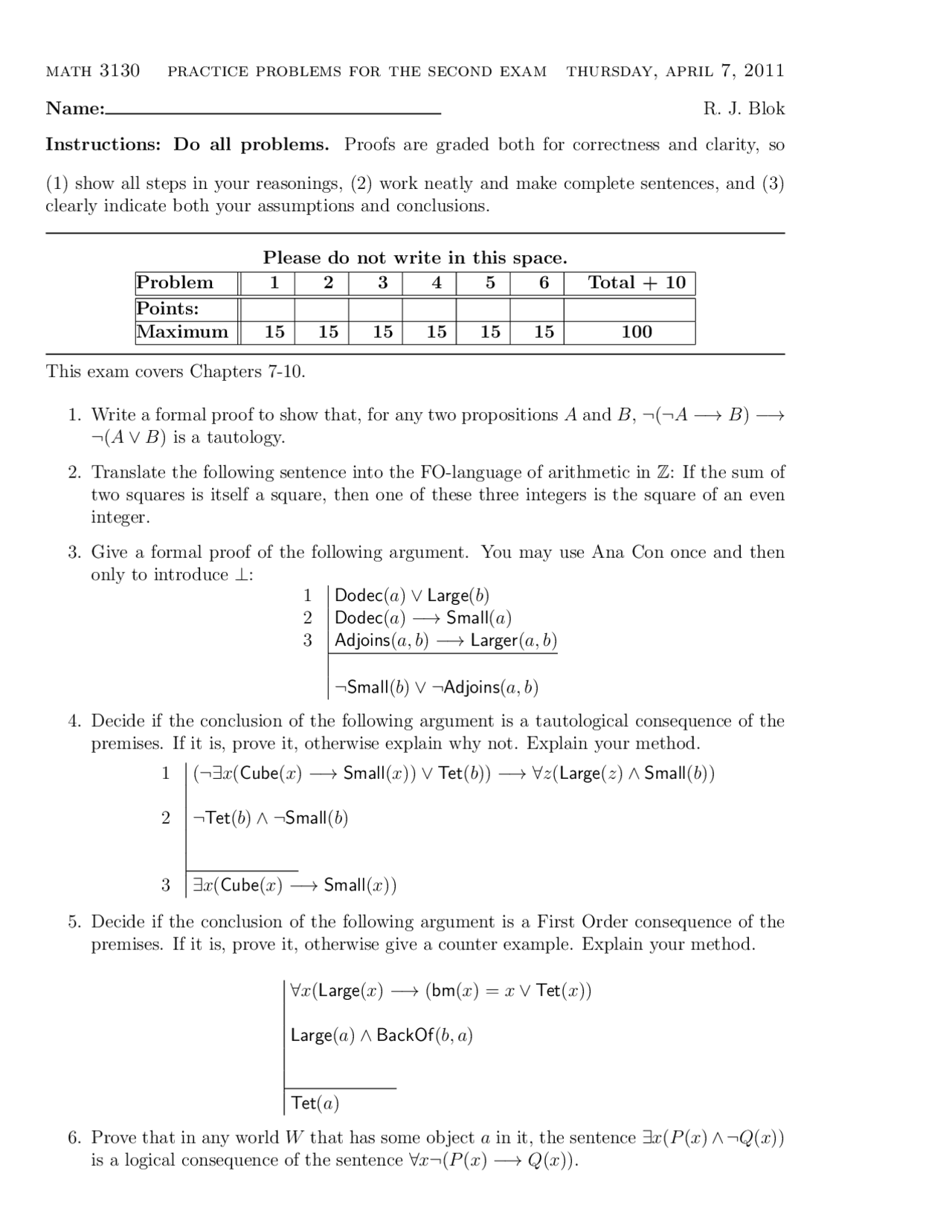 6 Problems On Elementary Mathematical Logic Midterm Exam Math 3130
