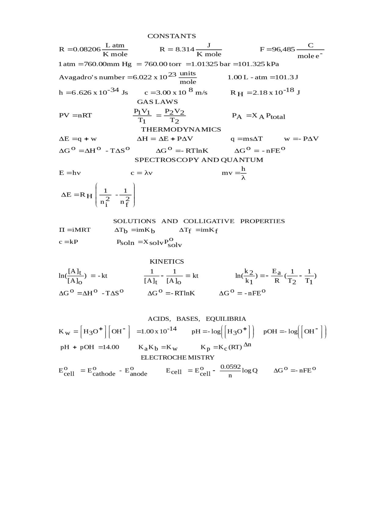 Final Exam Constants - General Chemistry II | CHEM 122 - Docsity
